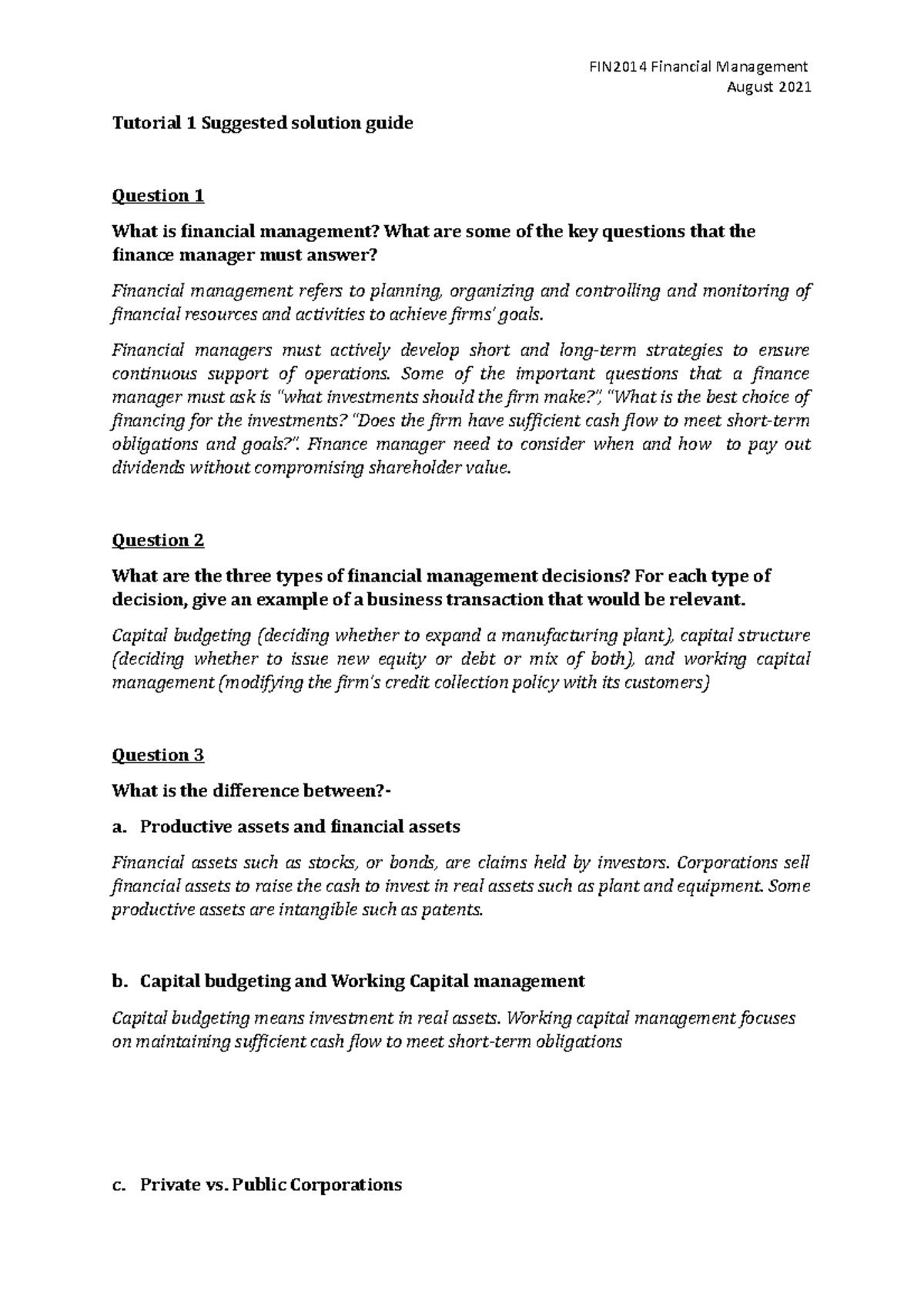FIN2014 Tutorial 1 Solutions - FIN2014 Financial Management August 2021 ...