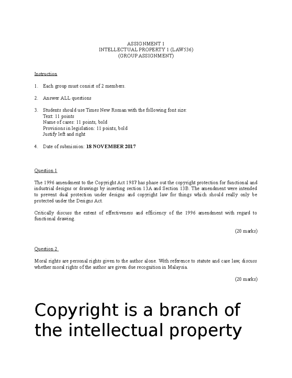 IP Assignment 1 - IP Assisgment - ASSIGNMENT 1 INTELLECTUAL PROPERTY 1 ...