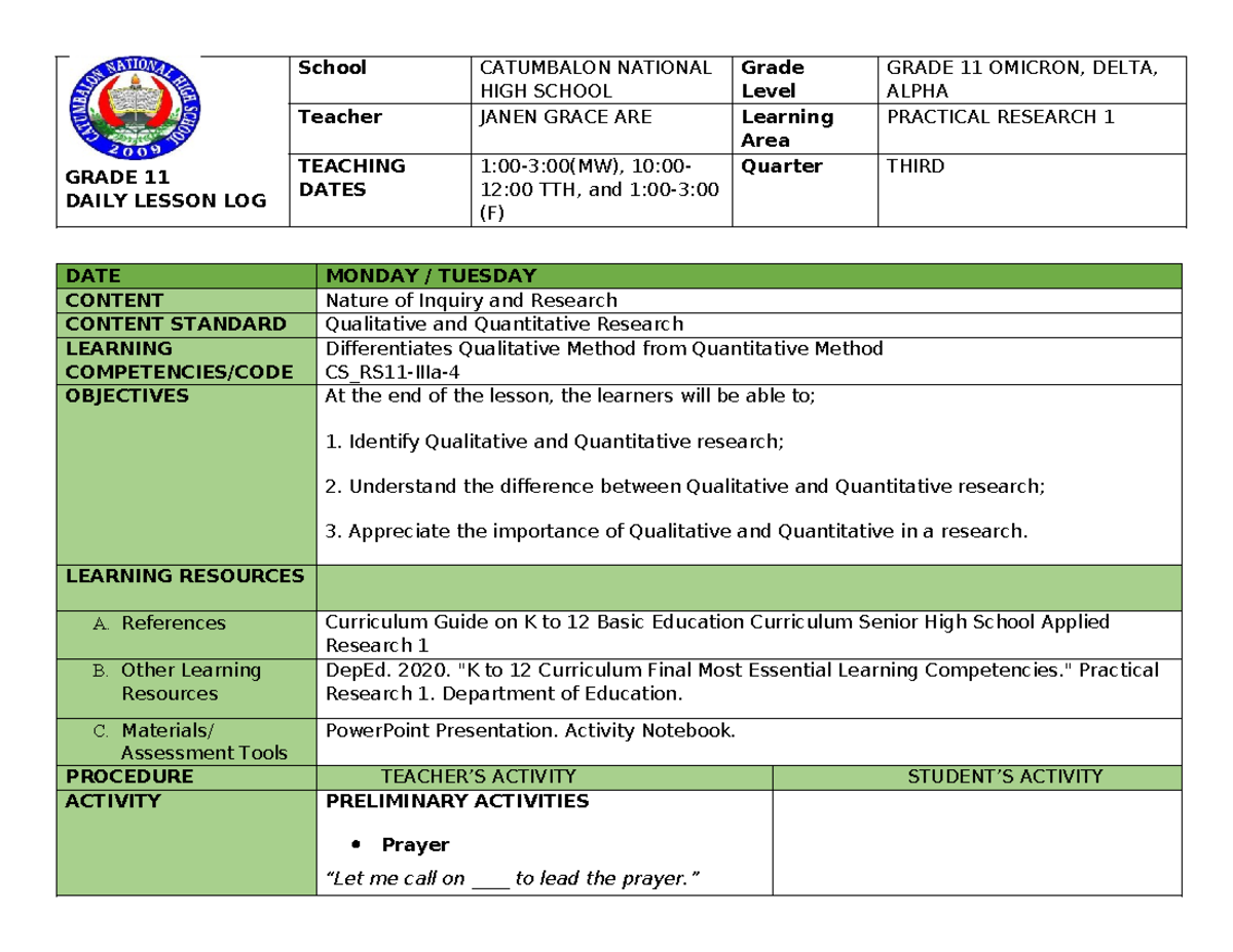 Grade 11 PR1 Lesson 5 COT Detailed - GRADE 11 DAILY LESSON LOG School ...