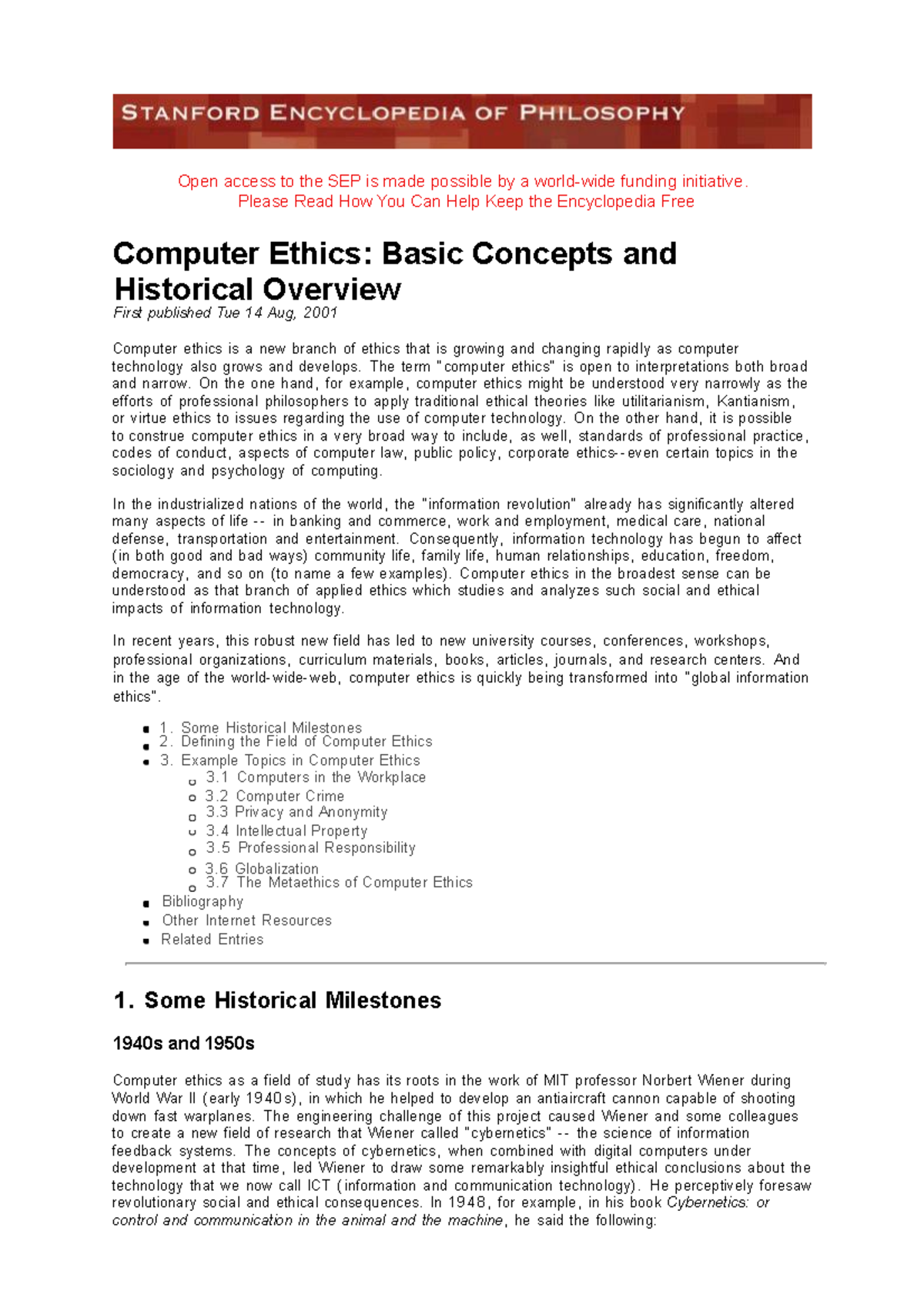 Computer Ethics Basic Concepts and Historical Overview - Open access to ...