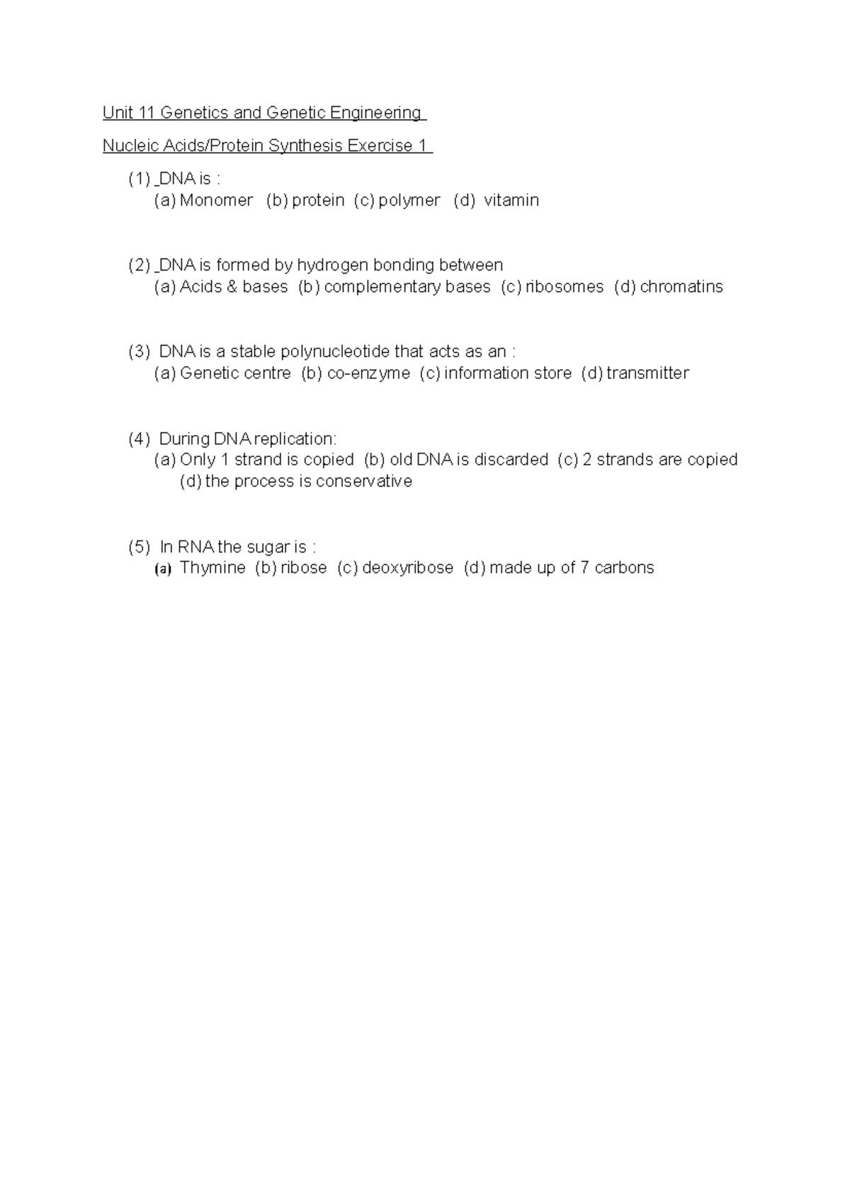 U 11 nucleic Acids Protein Synthesis Exercise 1 - Unit 11 Genetics and ...