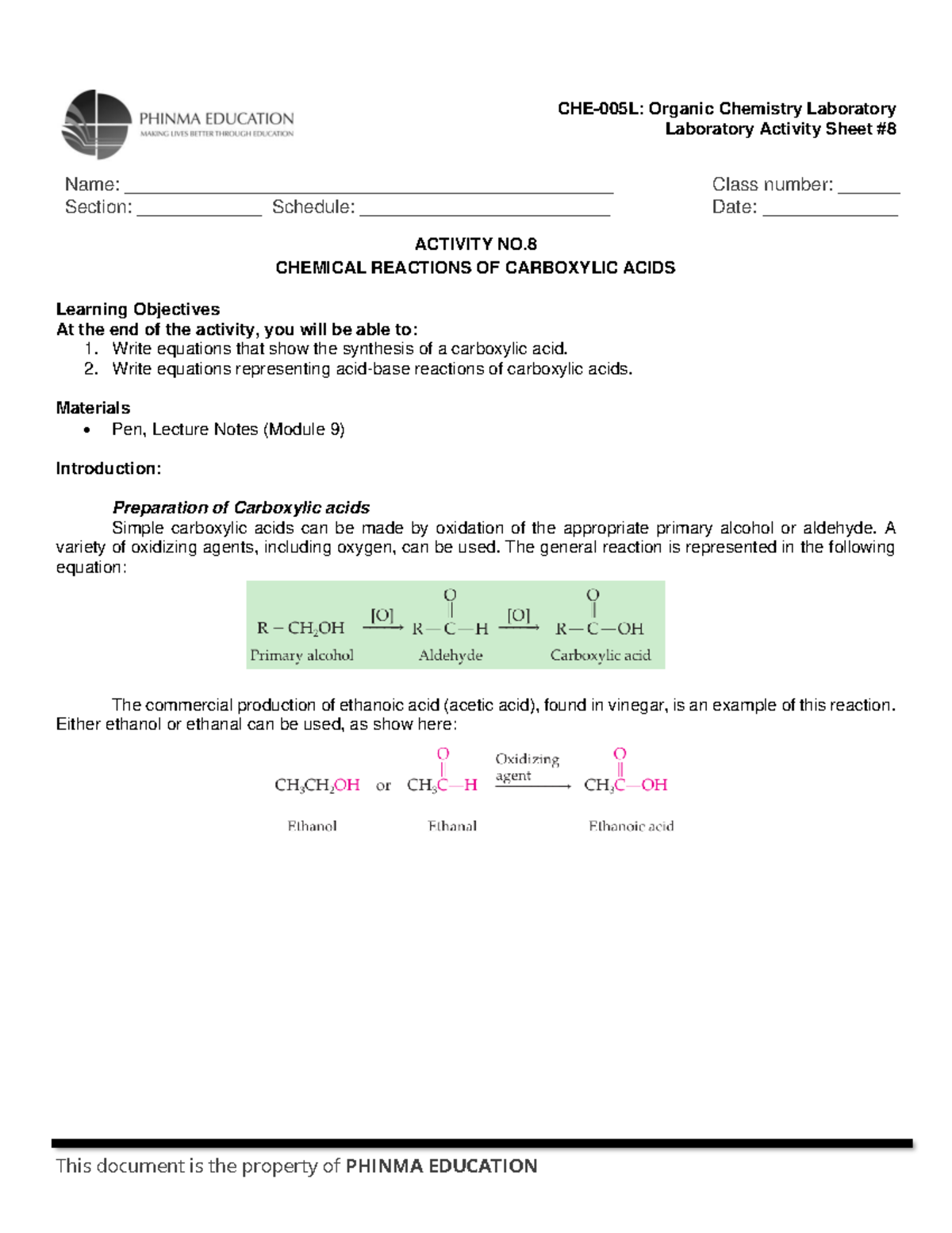 LAS8 CHE 005L- Chemical Reactions of Carboxylic Acids - Laboratory Activity Sheet Name: - Studocu