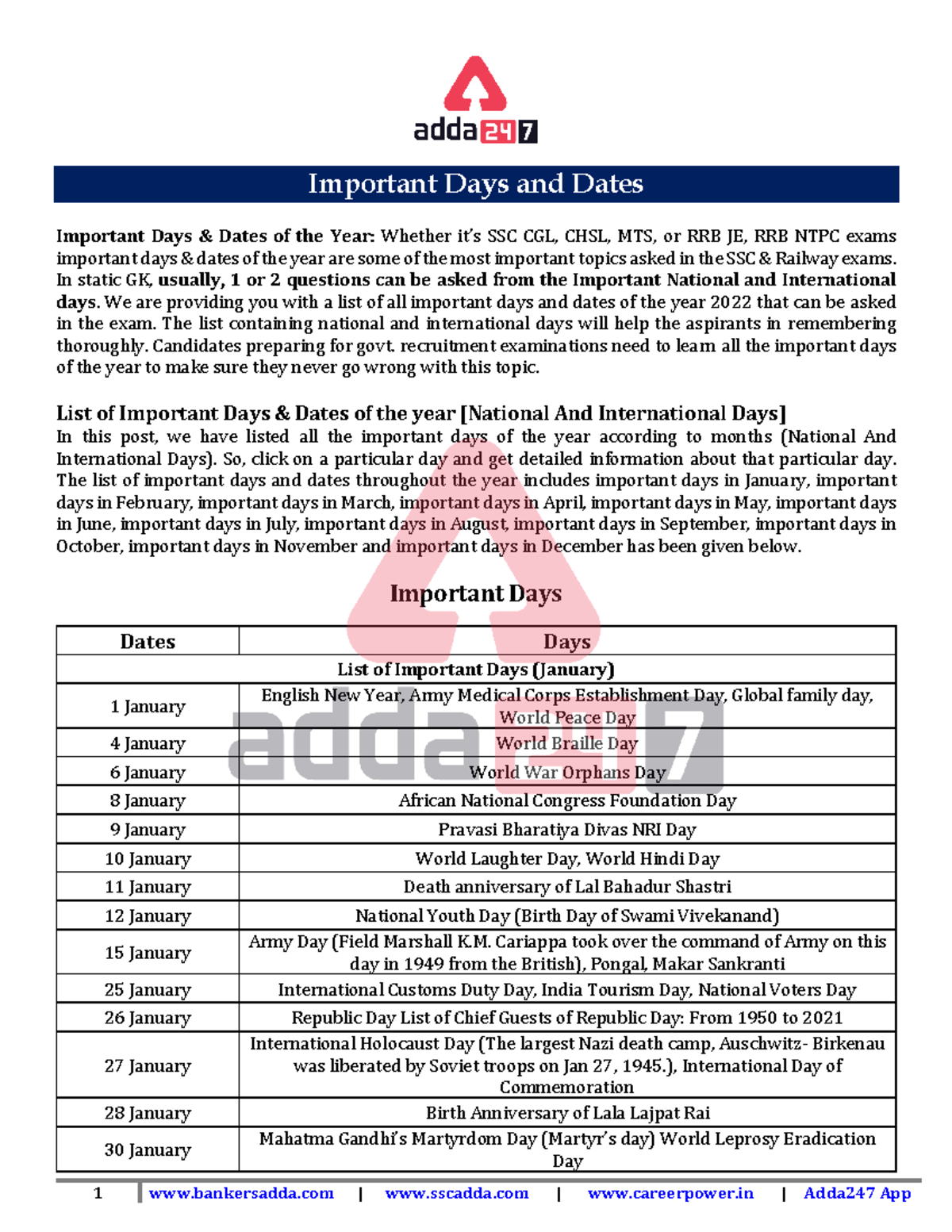 Important Days and Dates - Important Days and Dates Important Days ...