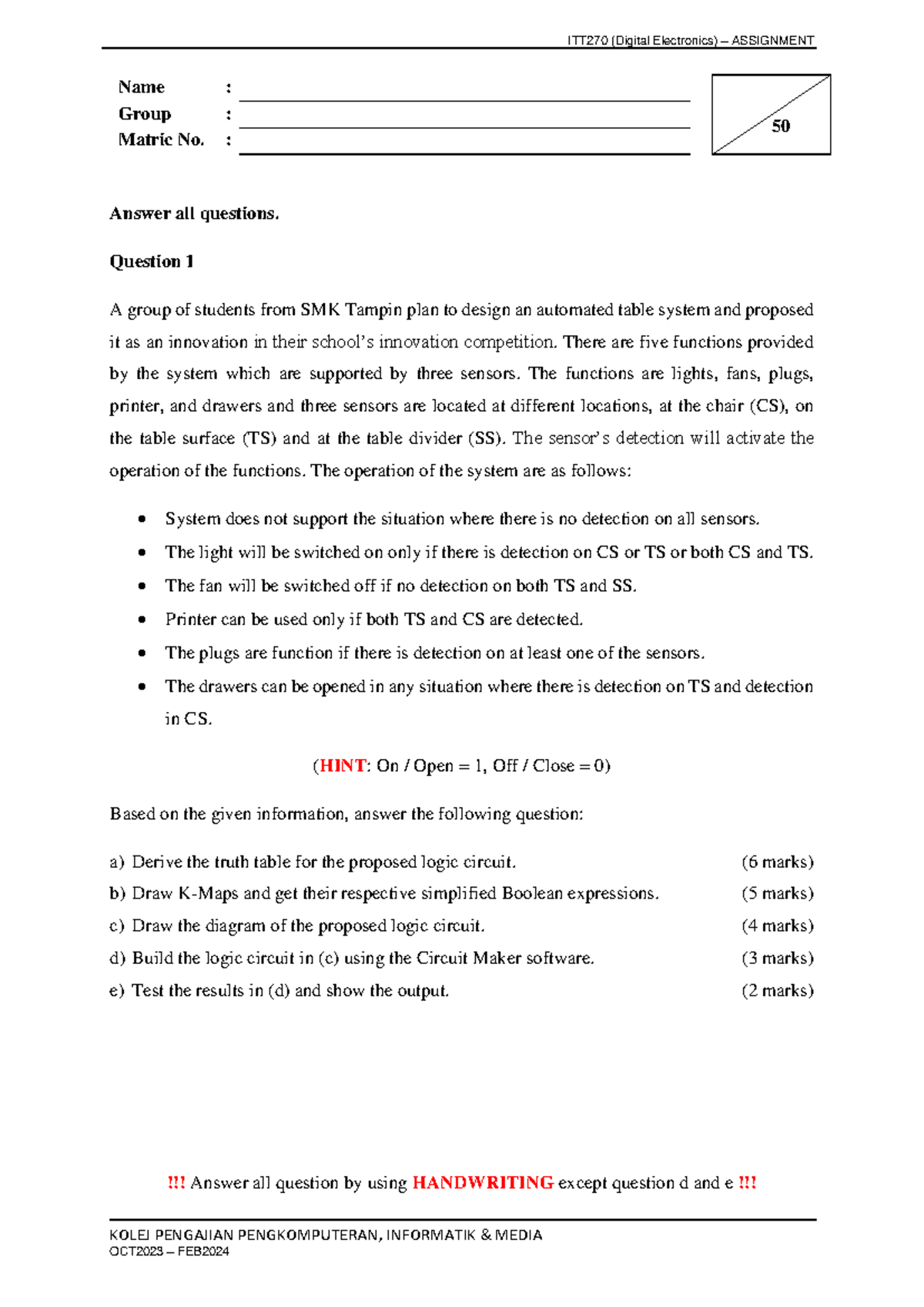 Asessement 2 - ITT270 (Digital Electronics) – ASSIGNMENT KOLEJ PENGAJIAN PENGKOMPUTERAN ...
