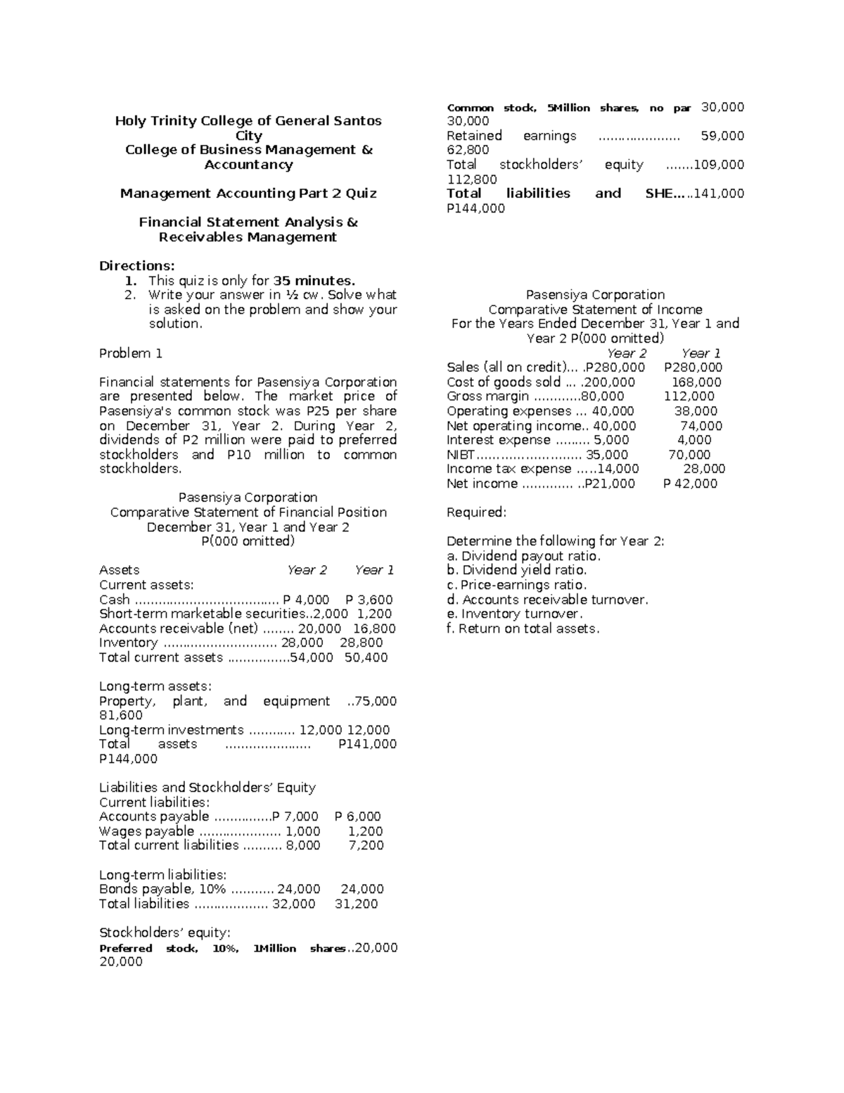 Financial Statement Analysis QUIZ BSAT - Holy Trinity College of ...