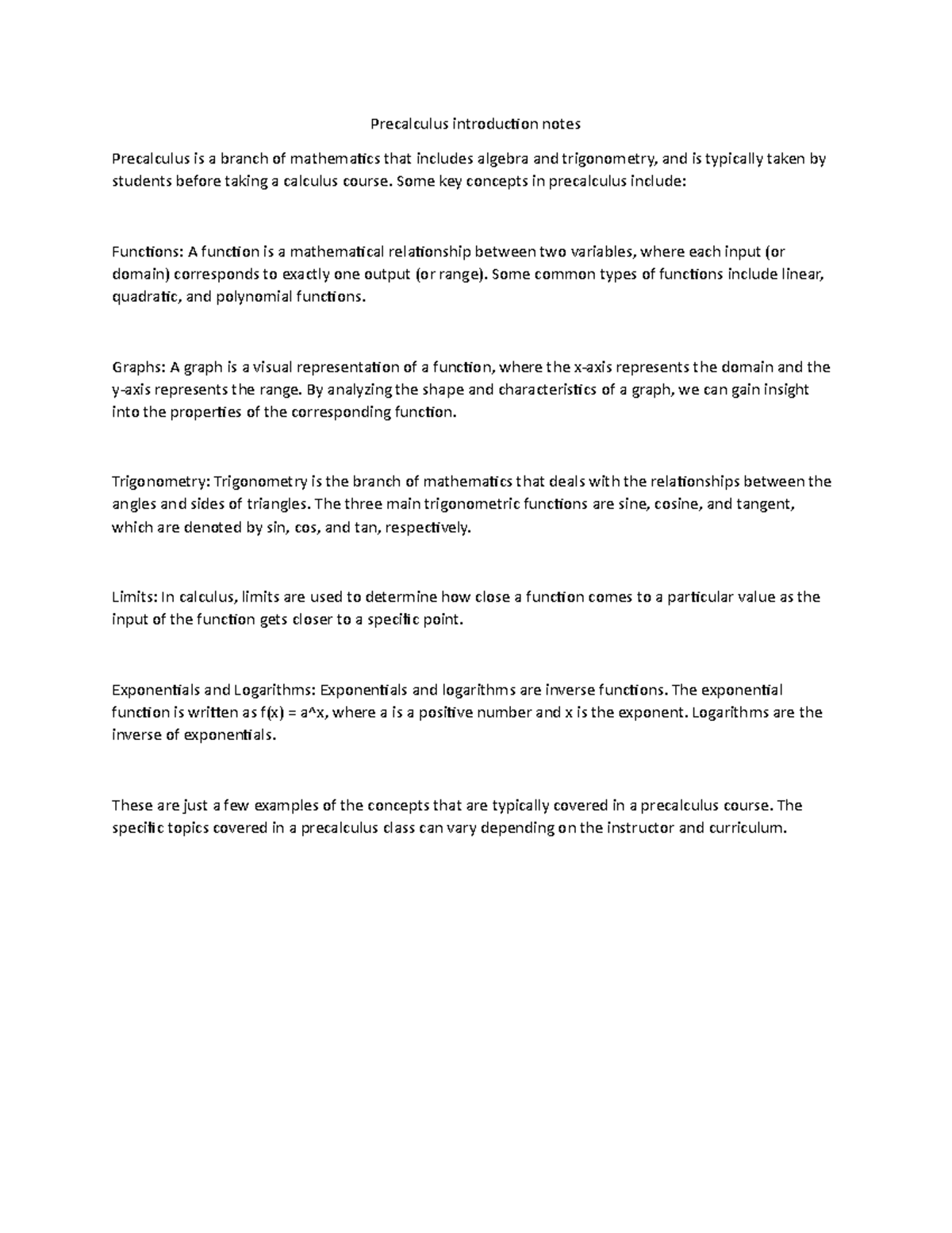 Precalculus introduction notes - Precalculus introduction notes ...