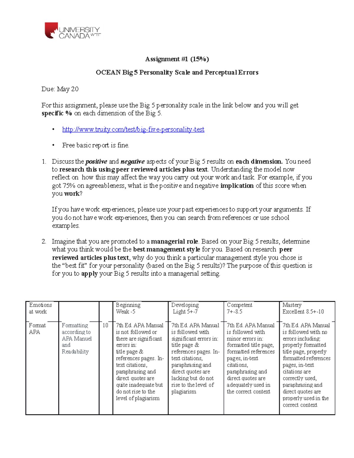 ORGB601midterm assignment Ocean - Assignment #1 (15%) OCEAN Big 5 ...