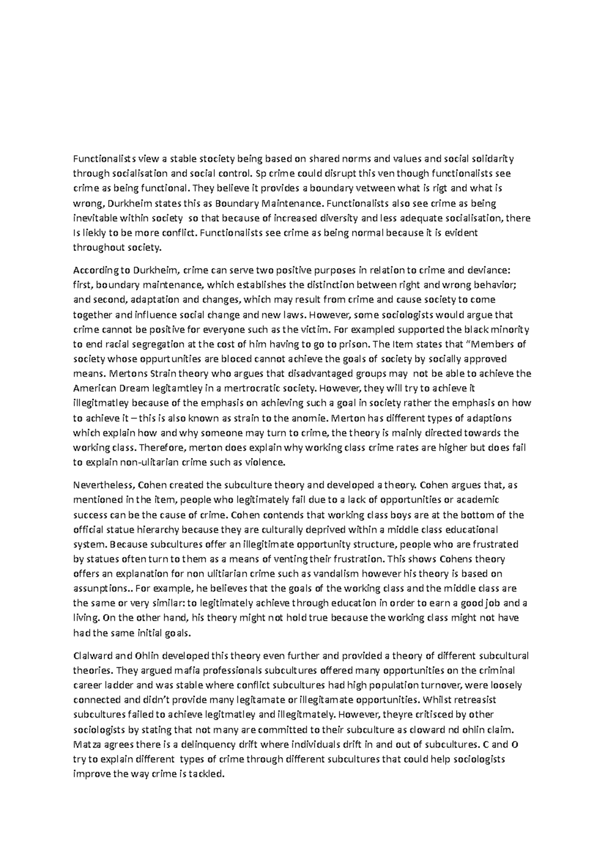 Sociology 30 marker homework - Functionalists view a stable stociety ...