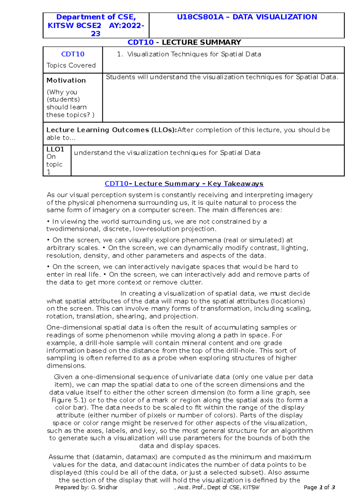 DV CDT10 - Visualization Techniques for Spatial Data: One-Dimensional Data - Department of CSE ...