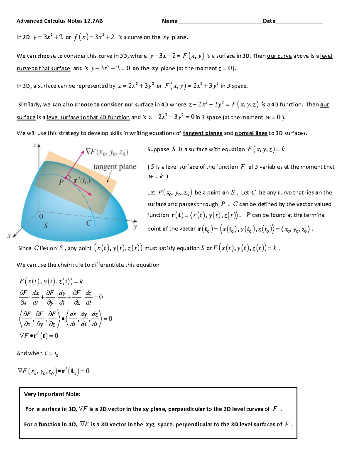 Tangent Planes (Linearization) - Advanced Calculus Notes 12 - Studocu