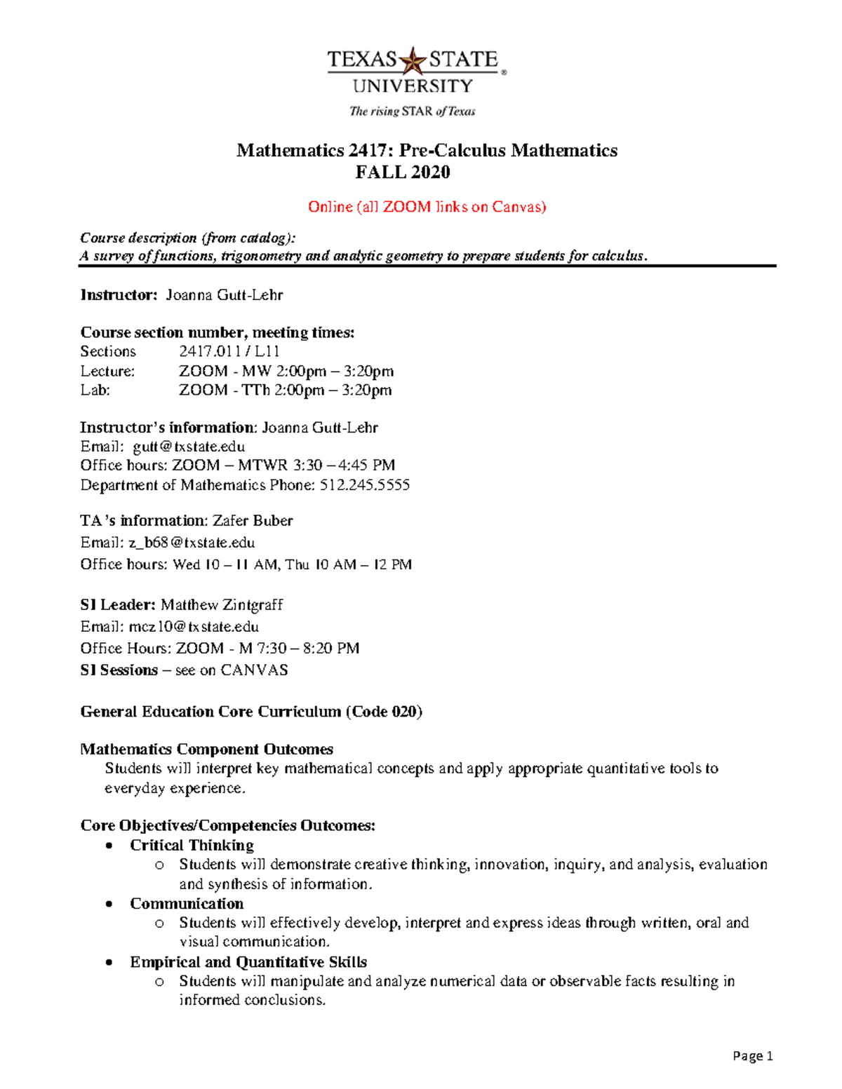 Syllabus - MATH2417 Section 011 Fall 2020 - Mathematics 2417: Pre ...