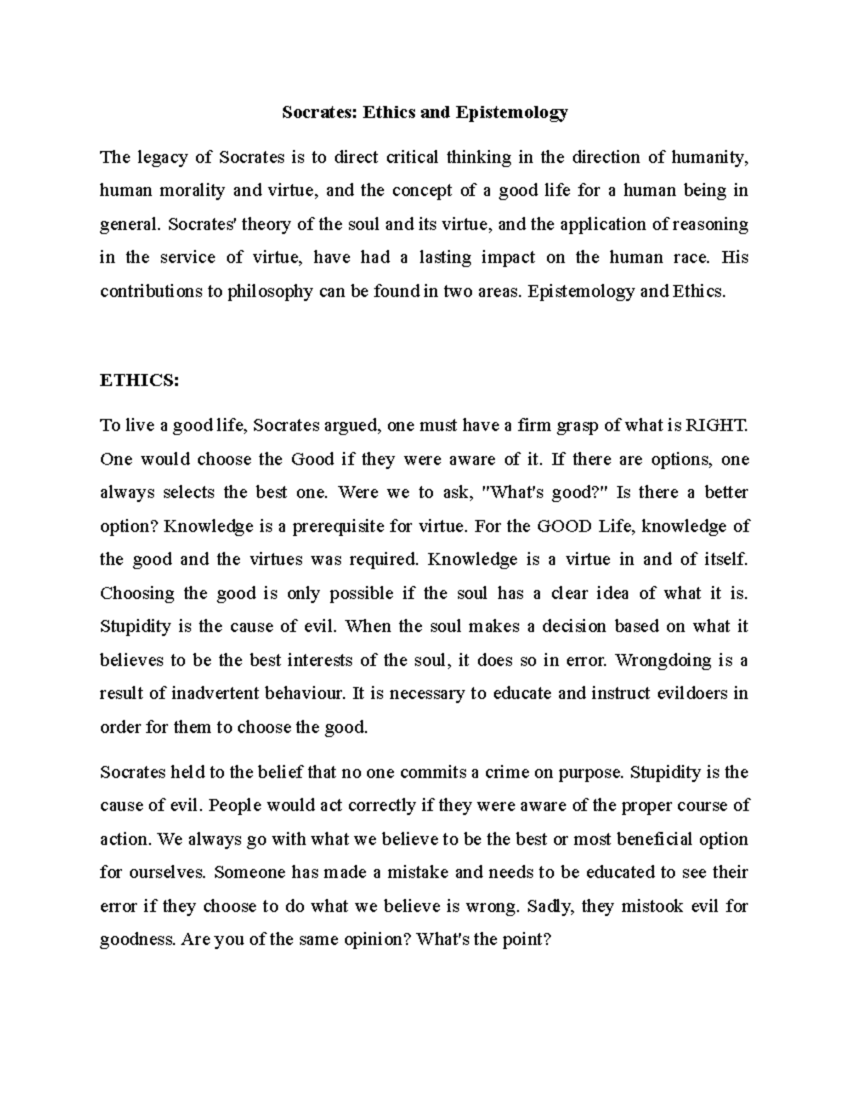 Socrates, Ethics and Epistemology - Greek Philosophy - AMU - Studocu