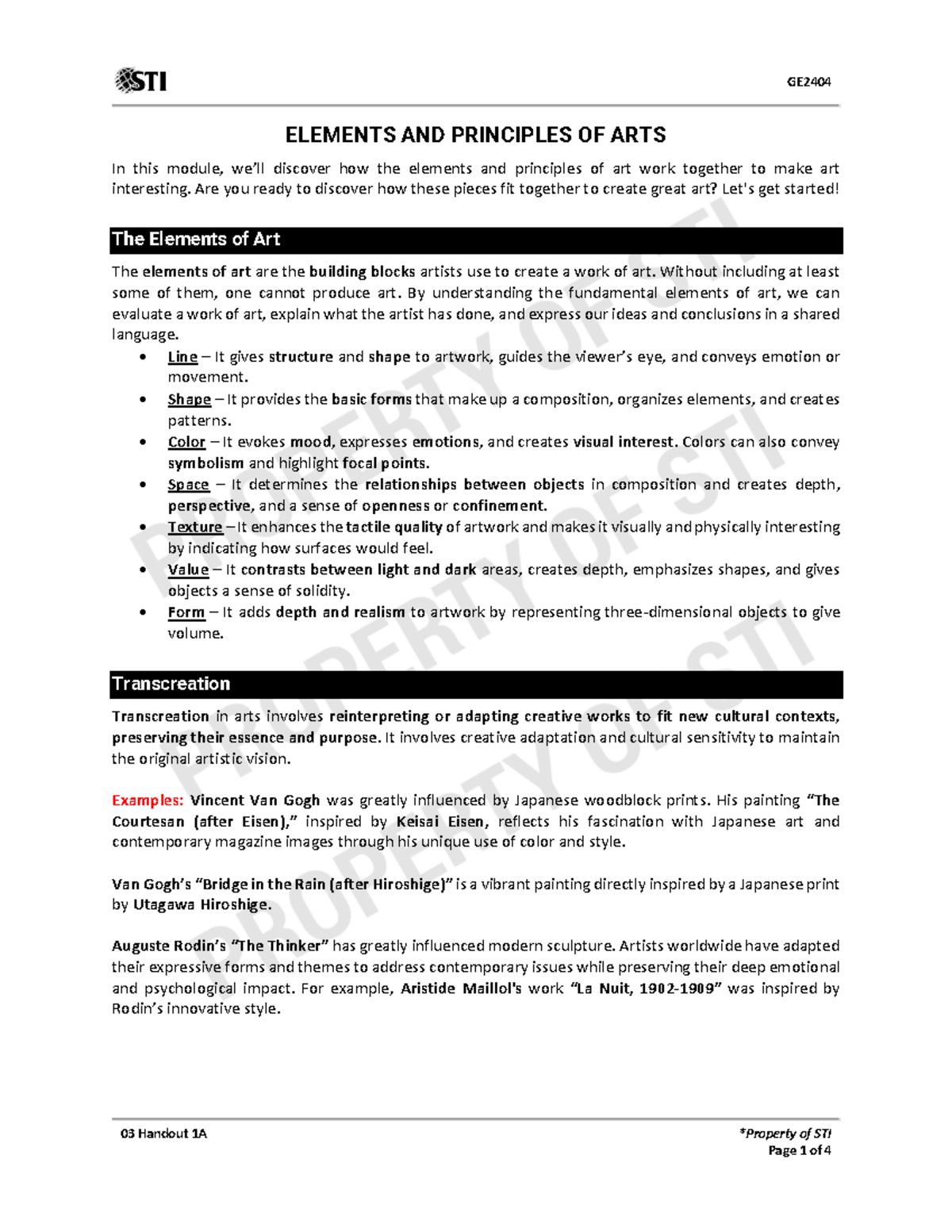 Art App H3 - Basis for lecture - 03 Handout 1 A *Property of STI ...