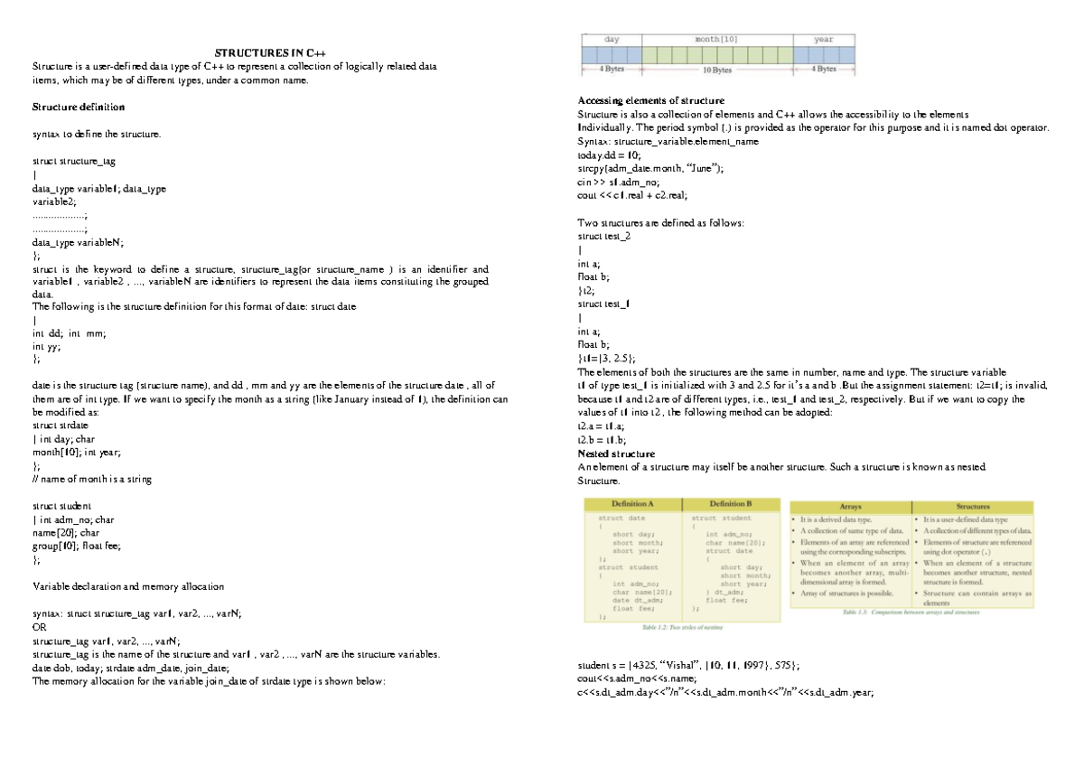 Structures and pointers - STRUCTURES IN C++ Structure is a user-defined data type of C++ to ...