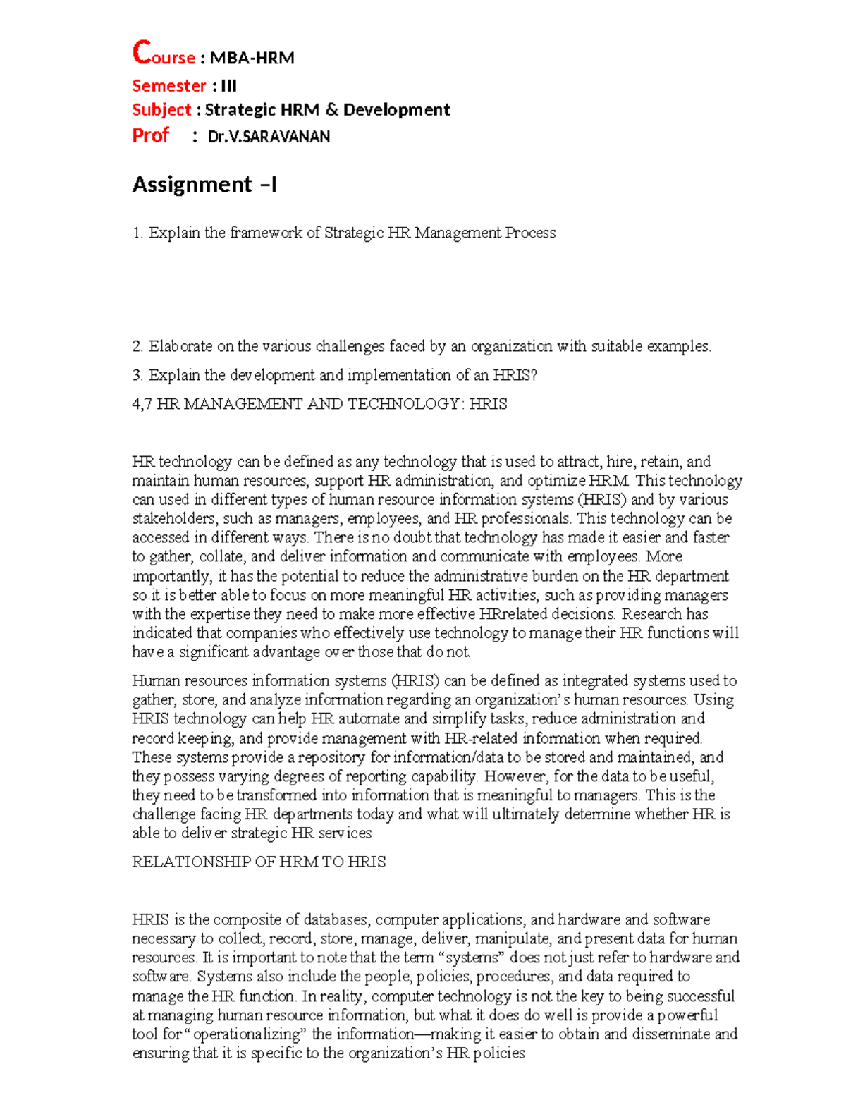 Stg, MGT-MBA HRM assgmnt - Course : MBA-HRM Semester : III Subject ...