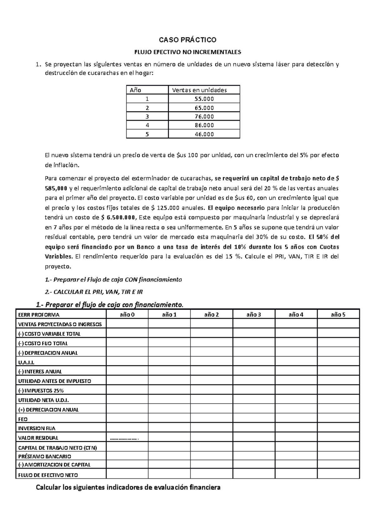 CASO Práctico DE Flujo DE CAJA NO Incremental - CASO PRÁCTICO FLUJO EFECTIVO NO INCREMENTALES Se ...