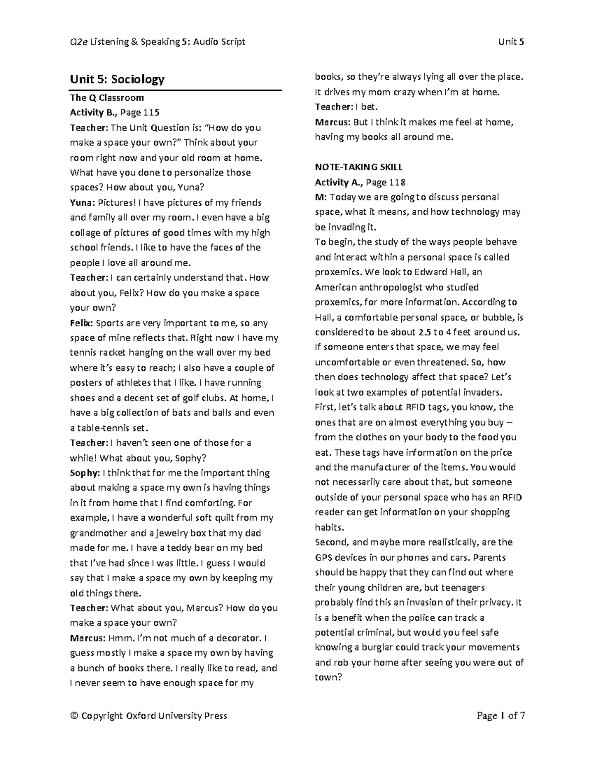 UNIT5 - Unit 5: Sociology The Q Classroom Activity B., Page 115 Teacher ...