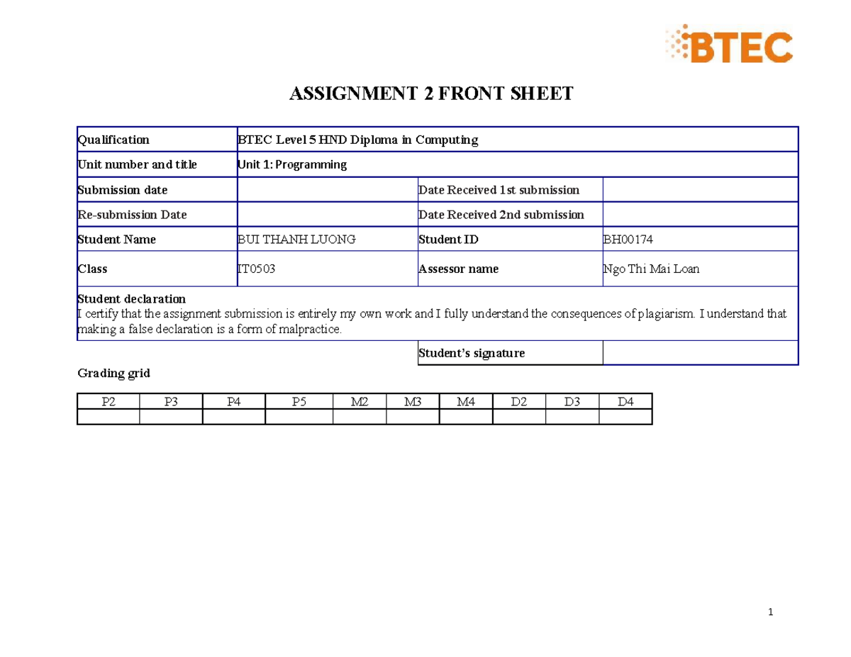 CF ASM2 - hfafaf - ASSIGNMENT 2 FRONT SHEET Qualification BTEC Level 5 HND Diploma in Computing ...