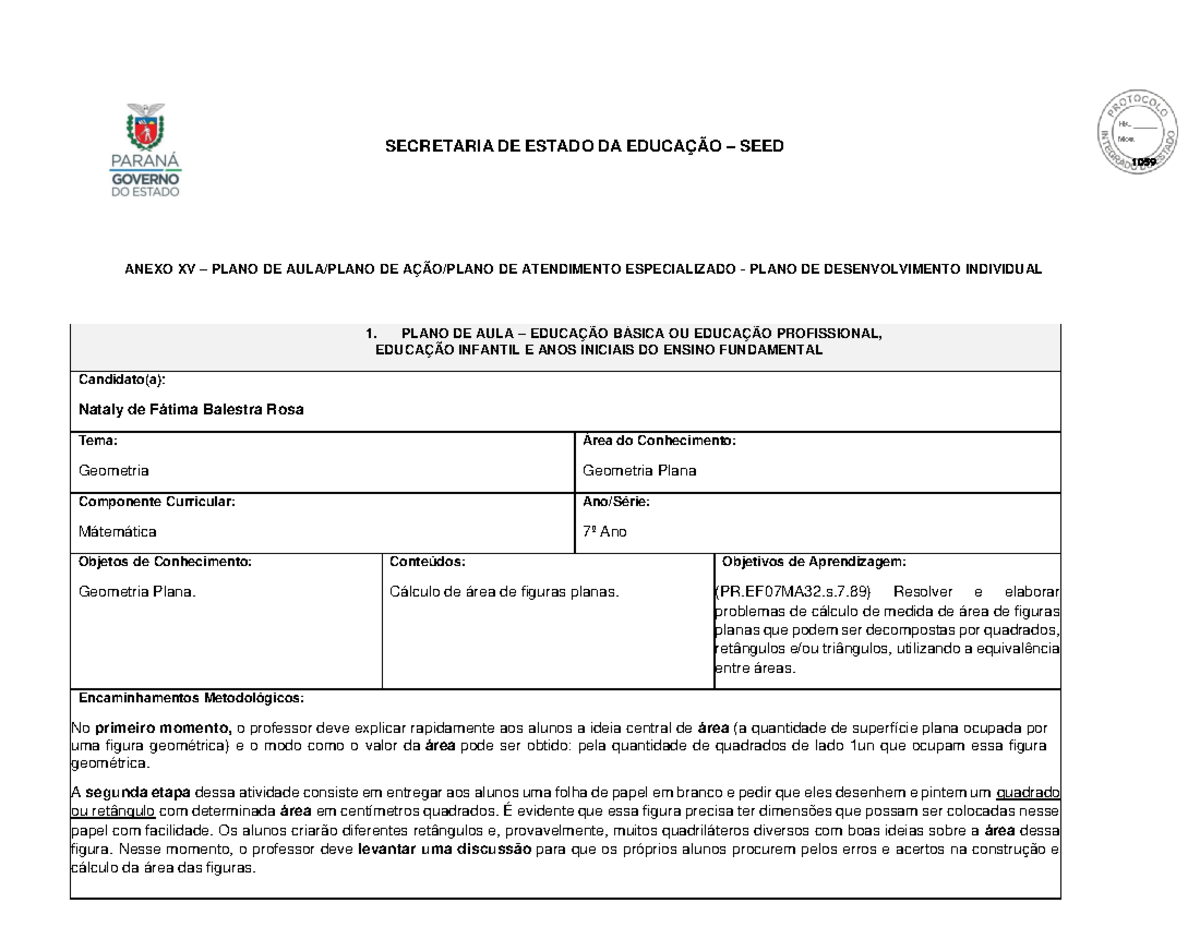 Plano DE AULA Matemática 1 - SECRETARIA DE ESTADO DA EDUCAÇÃO – SEED ...