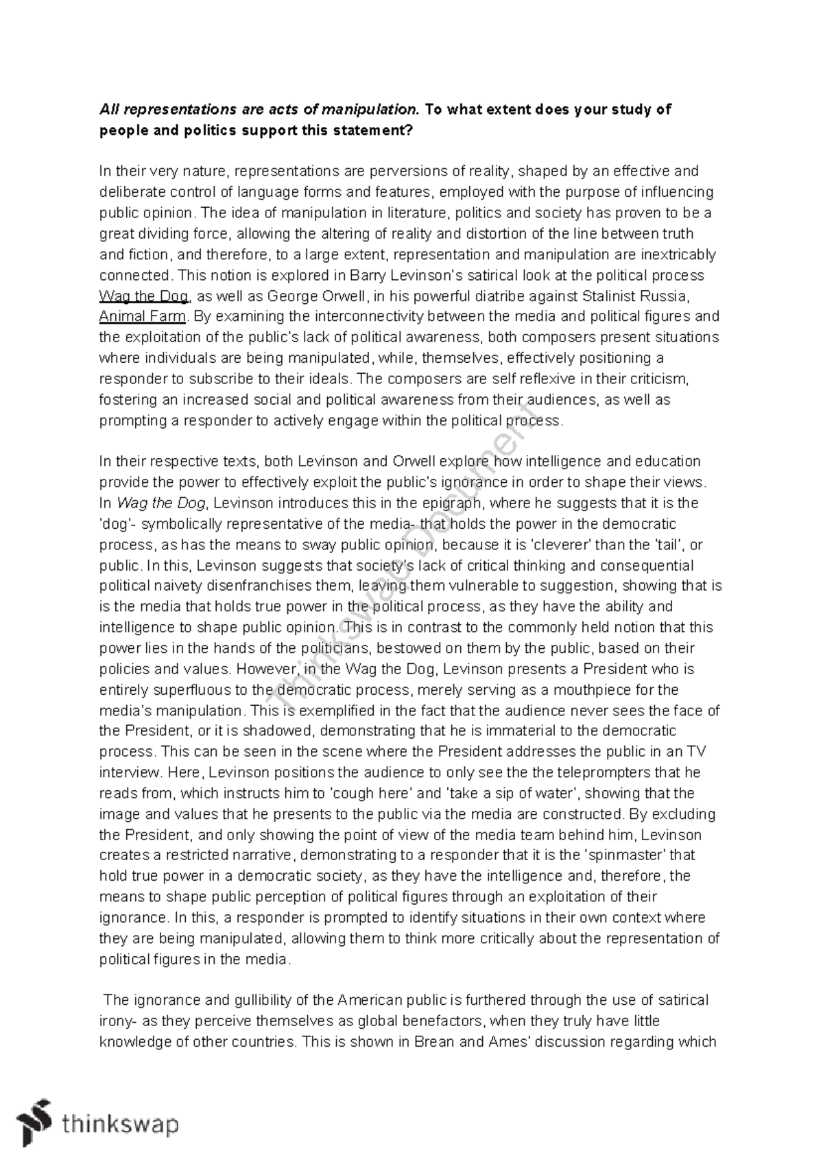 Wag the Dog Essay Sample - All representations are acts of manipulation ...