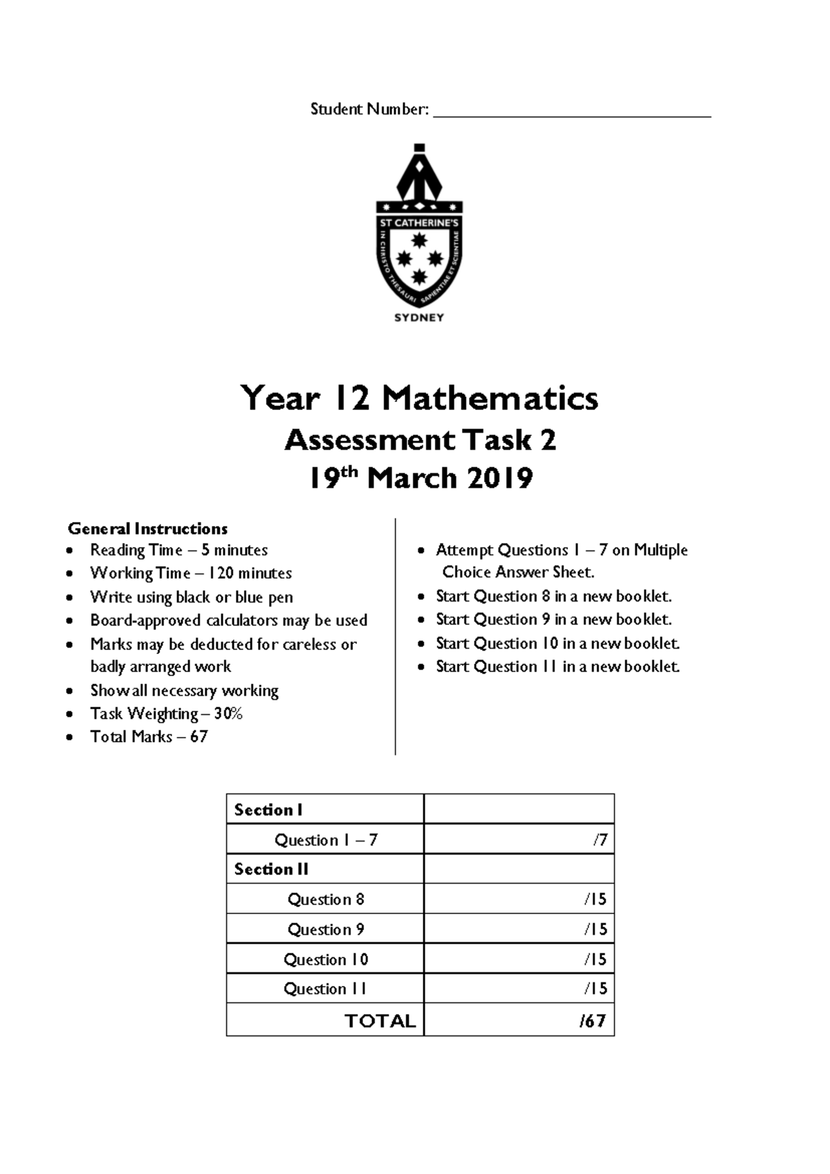 Y12 2019 T2 ADV - maths - Student Number ...