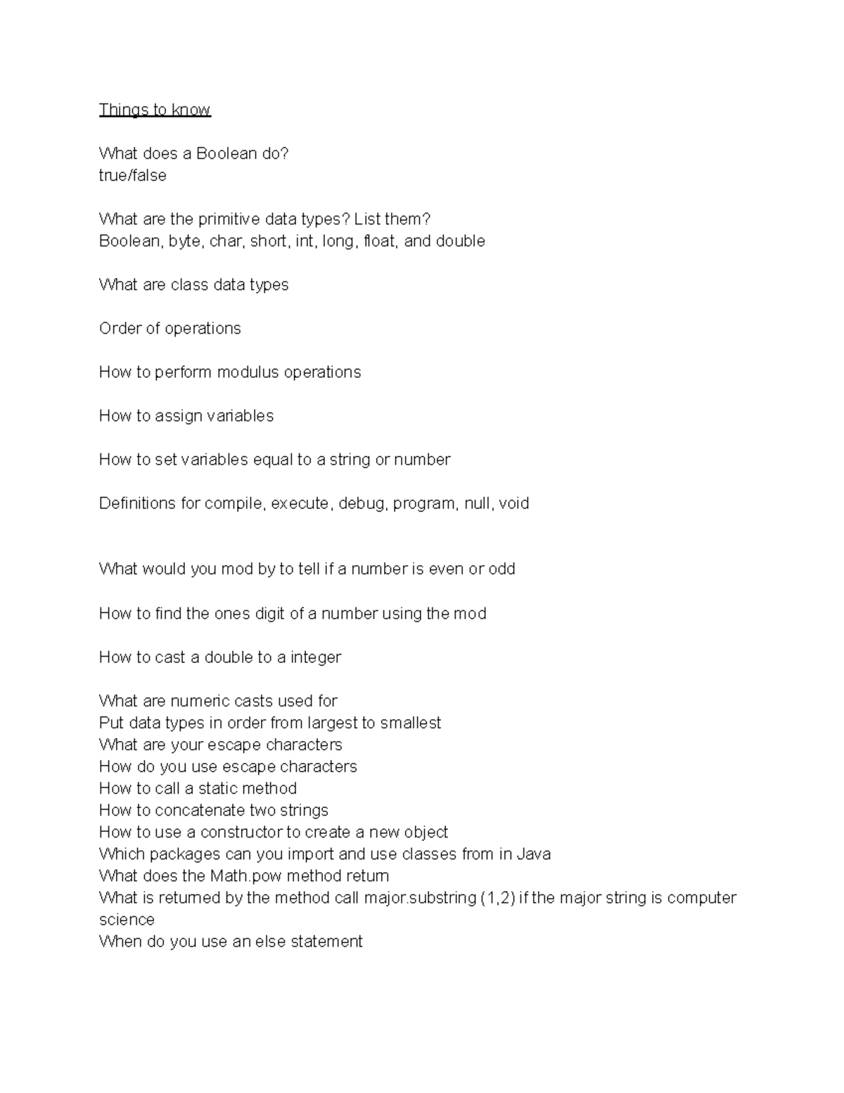 Copy of AP CS A Midterm Study Guide - Things to know What does a Boolean do? true/false What are ...