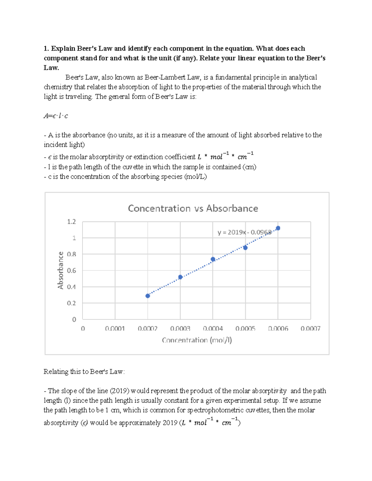 Post-lab Project 3 - Explain Beer's Law and identify each component in ...