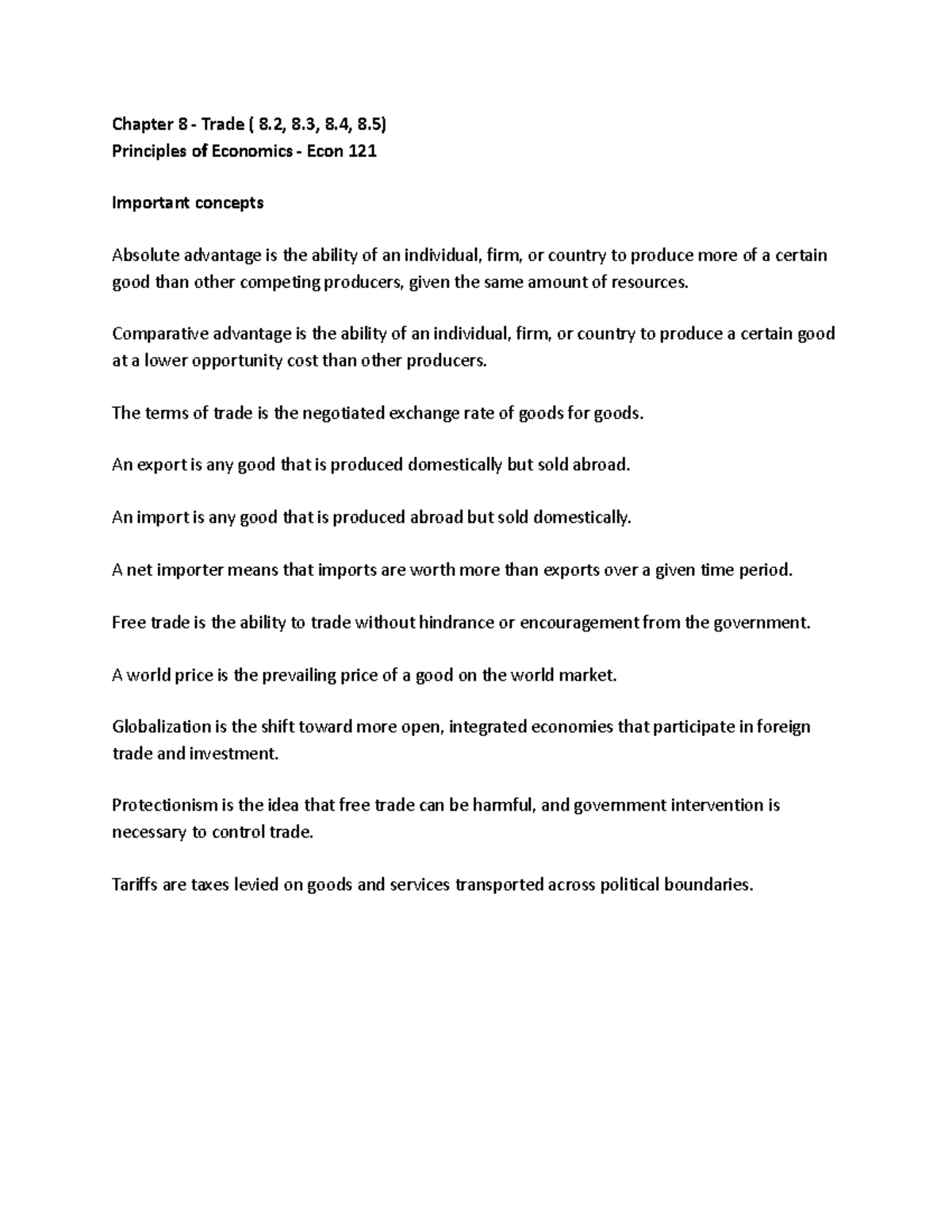 Problem Solving Session (Chapters 8-9 Trade and Taxation) - Chapter 8 - Trade ( 8, 8, 8, 8 ...