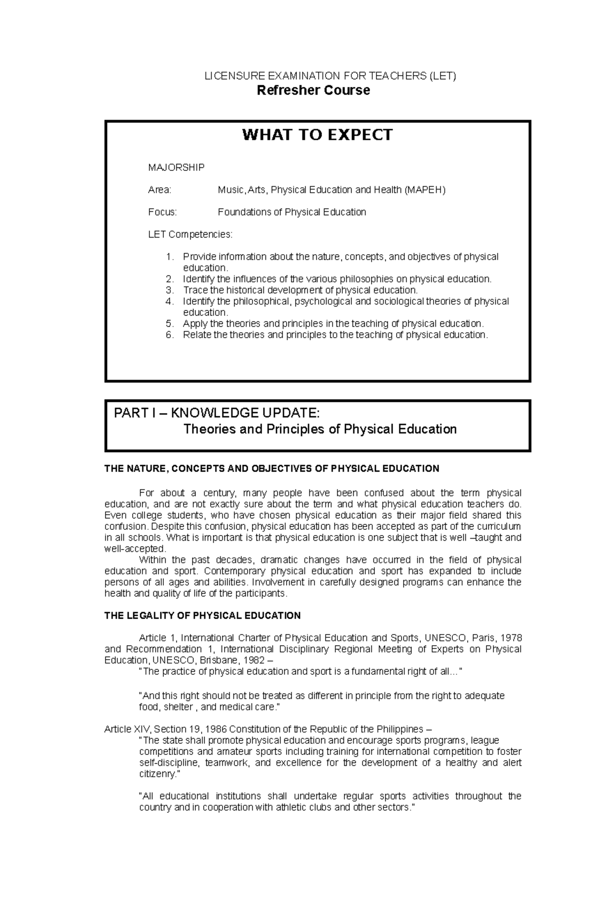 PE 1 LEt material with TOS Foundations o - LICENSURE EXAMINATION FOR ...