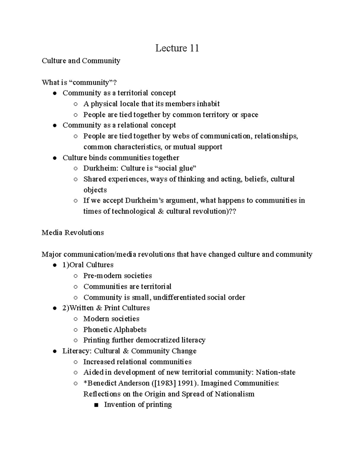 SOC 221 Lecture 11 - Professor Park - Lecture 11 Culture and Community ...