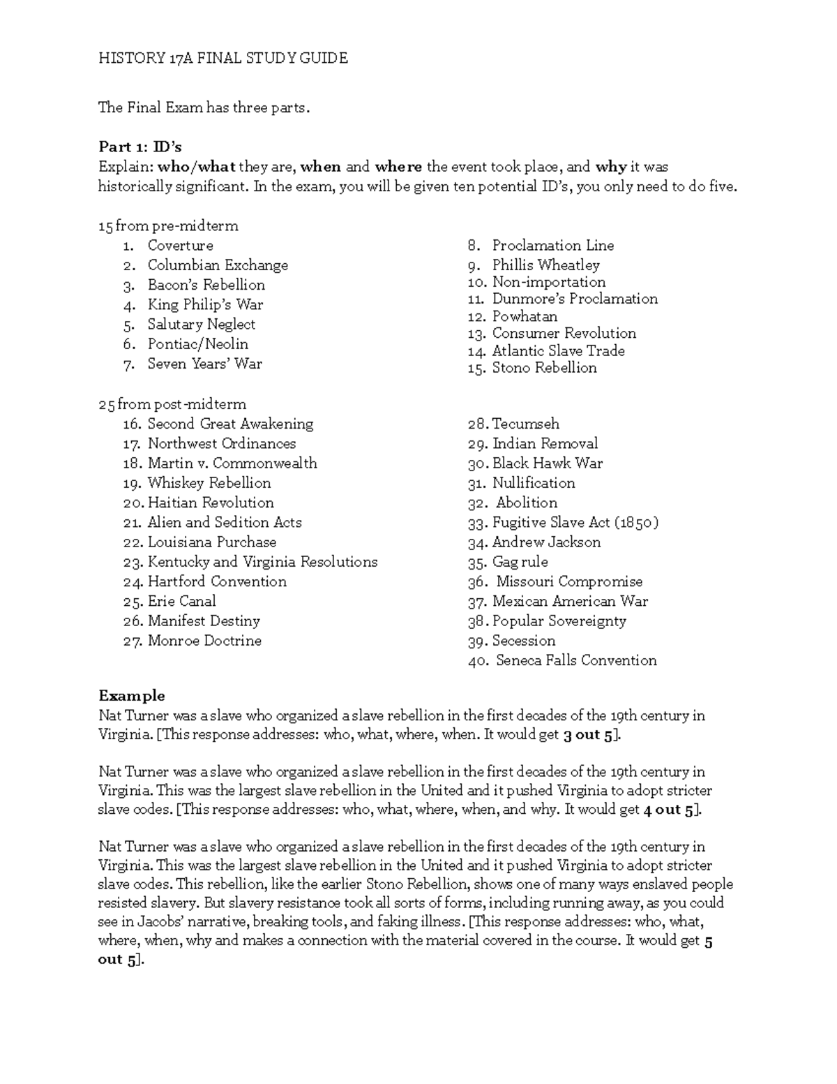 Study Guide (2) - ssssss - HISTORY 17A FINAL STUDY GUIDE The Final Exam ...