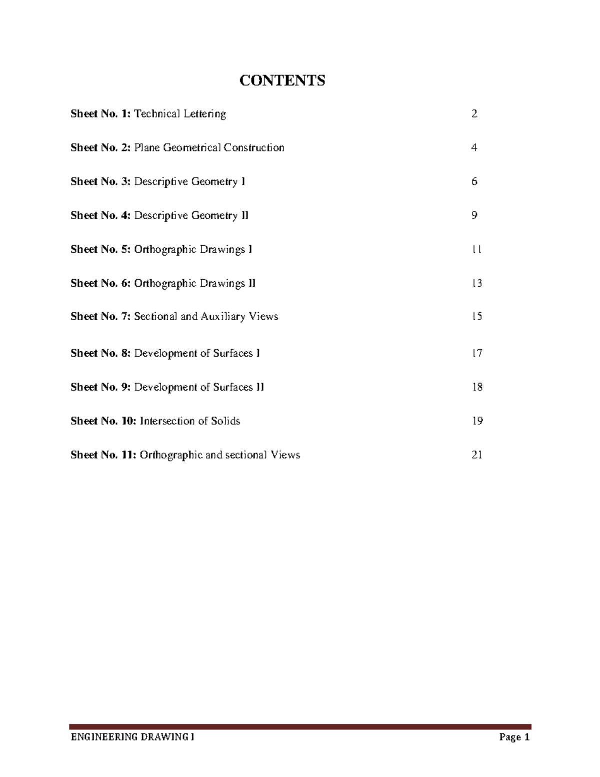 Engineering DRG I - Sjjd - CONTENTS ENGINEERING DRAWING I SHEET NO: 1 ...