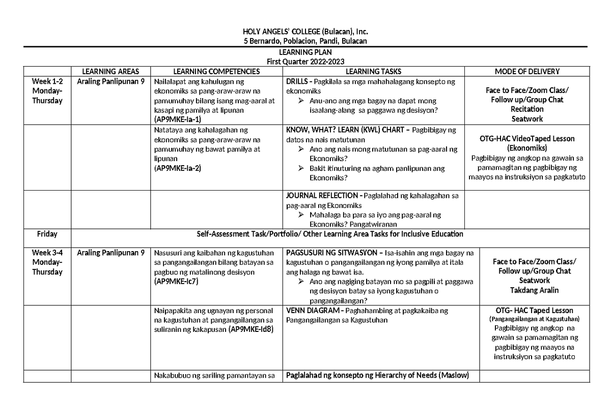 L Plan AP 1Q G9 22-23 - Curriculum Map - HOLY ANGELS’ COLLEGE (Bulacan ...