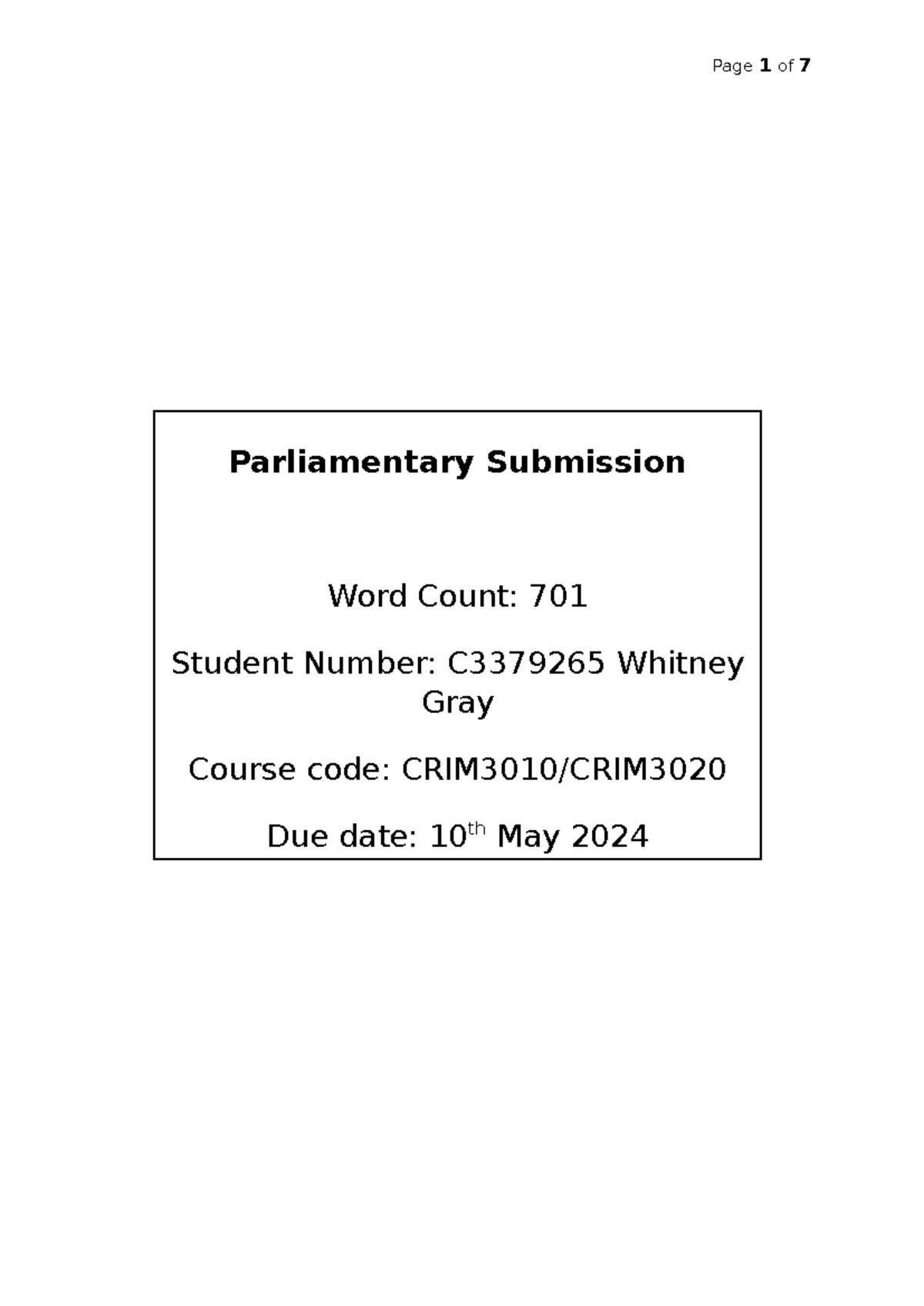 Assessment 2 Submission to a Parliamentary Inquiry CRIM3010 ...