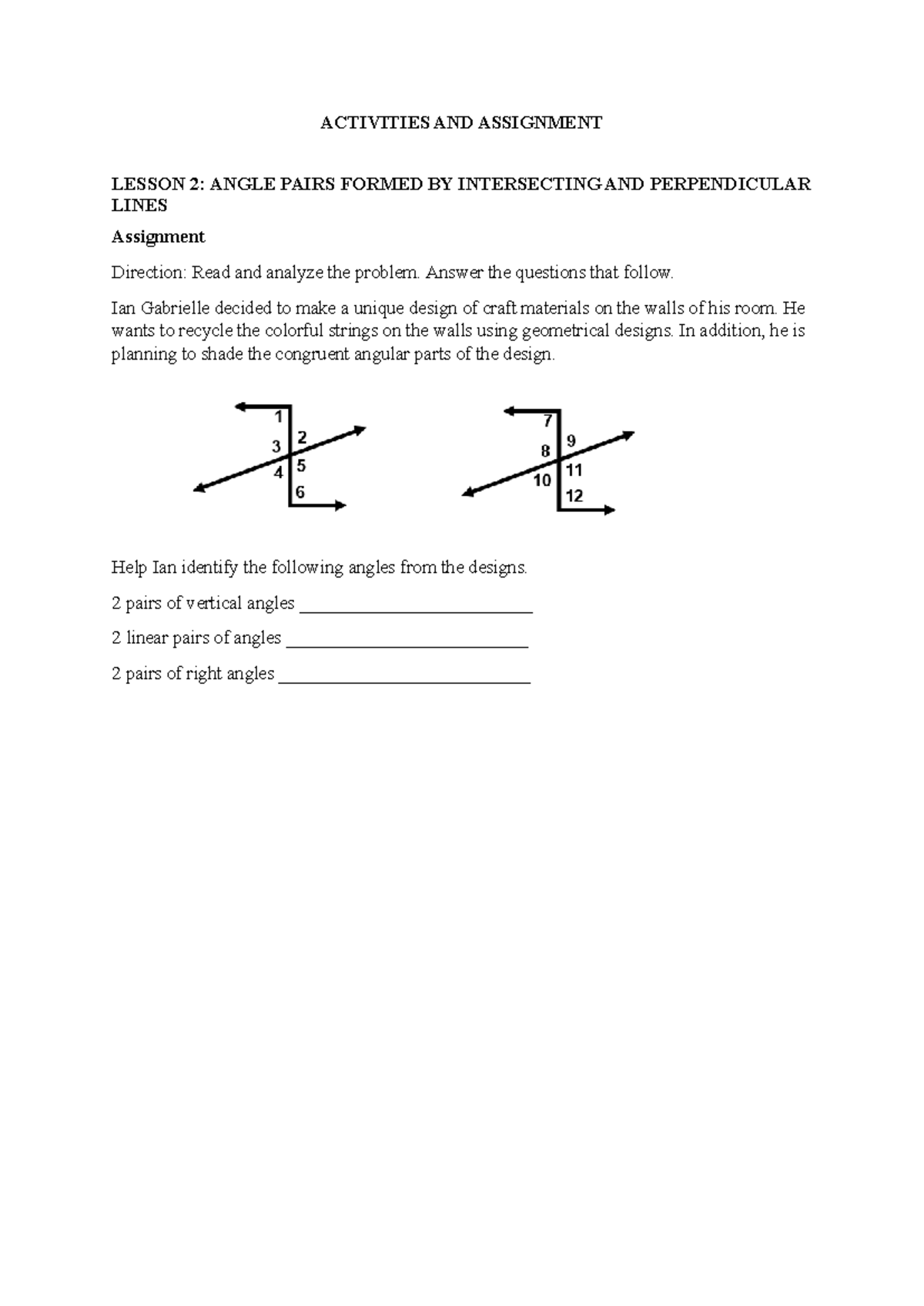 Activities-AND- Quizzes - ACTIVITIES AND ASSIGNMENT LESSON 2: ANGLE ...
