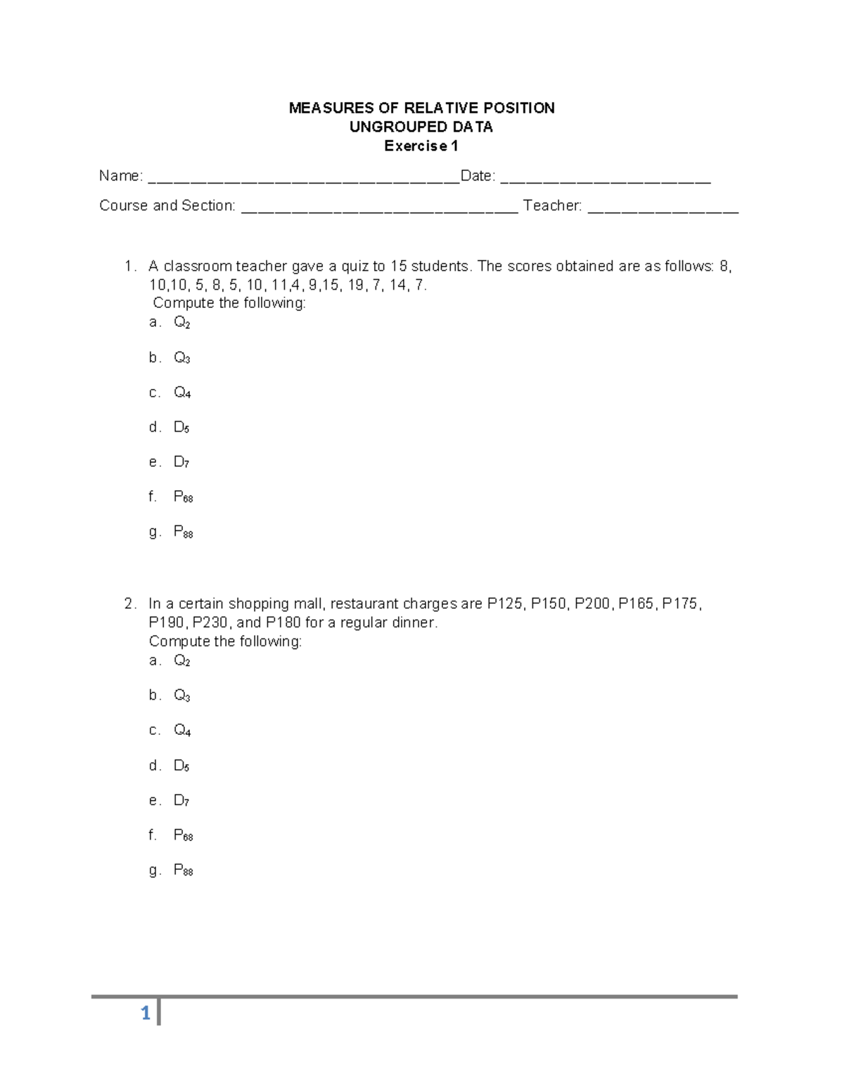 Measures OF Relative Position Exercises Seatworks Assignments ...