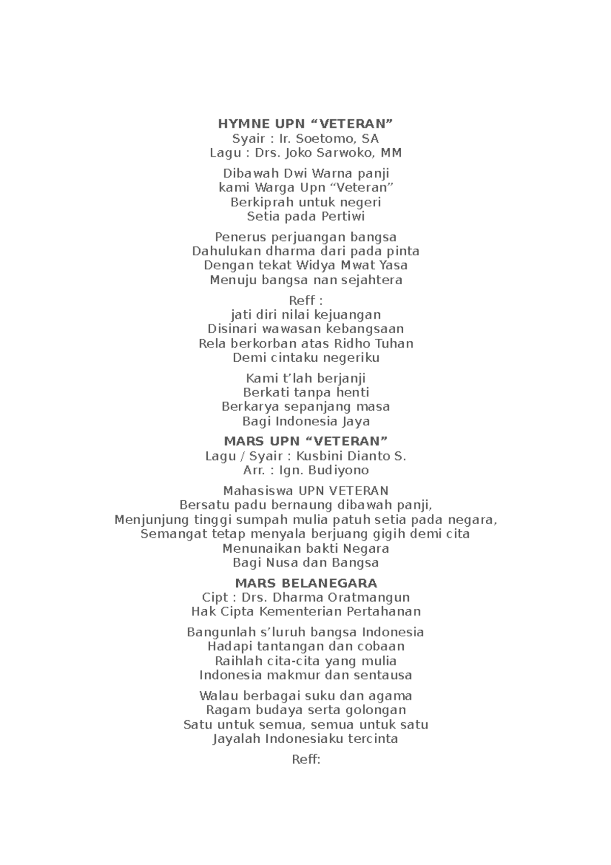 MARS UPN - Lagu mars upn - HYMNE UPN “VETERAN” Syair : Ir. Soetomo, SA ...
