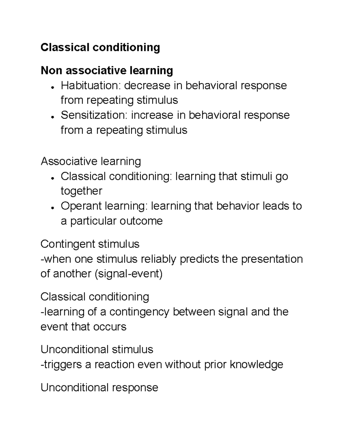 Lecture 2 notes - Classical conditioning Non associative learning ...