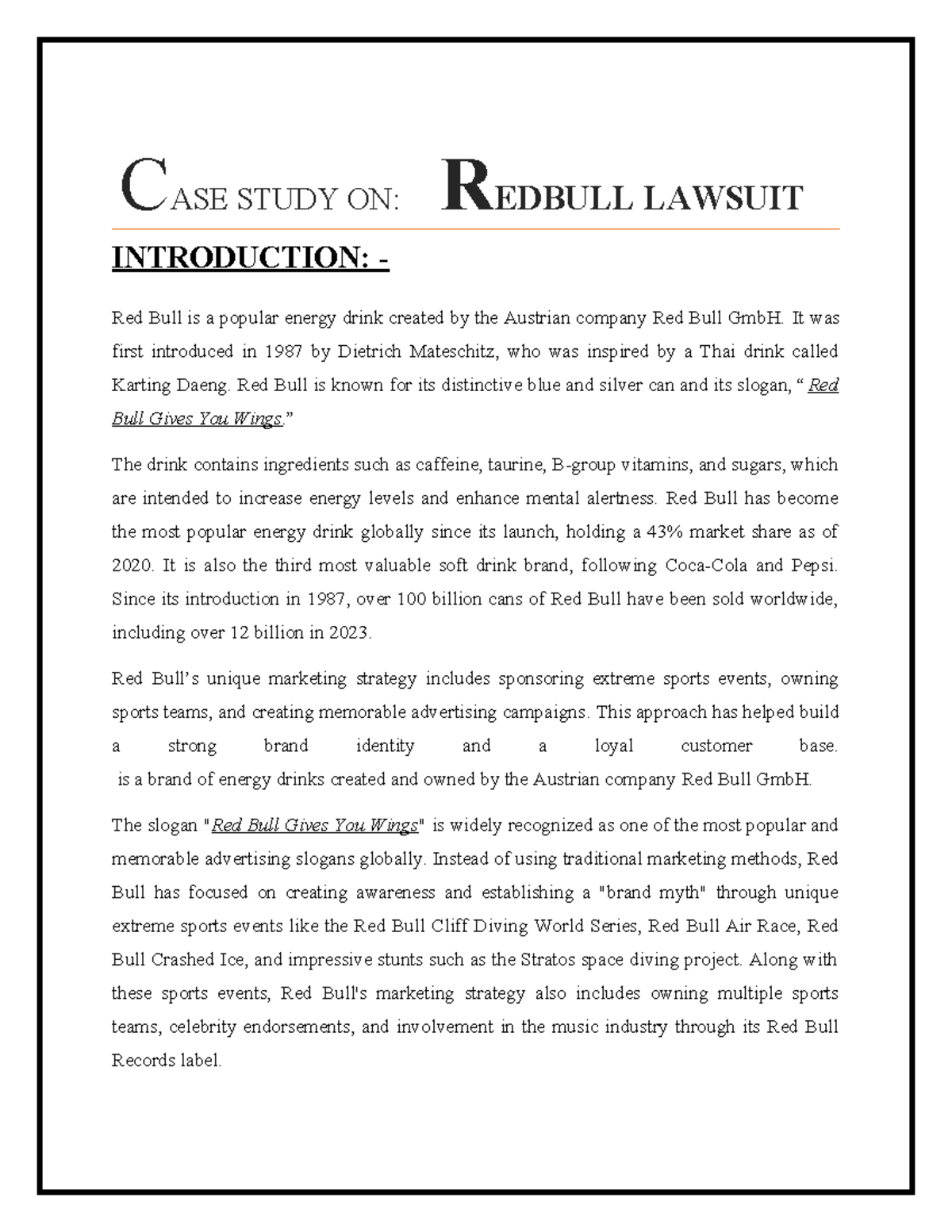 case study on red bull - CASE STUDY ON: REDBULL LAWSUIT INTRODUCTION ...