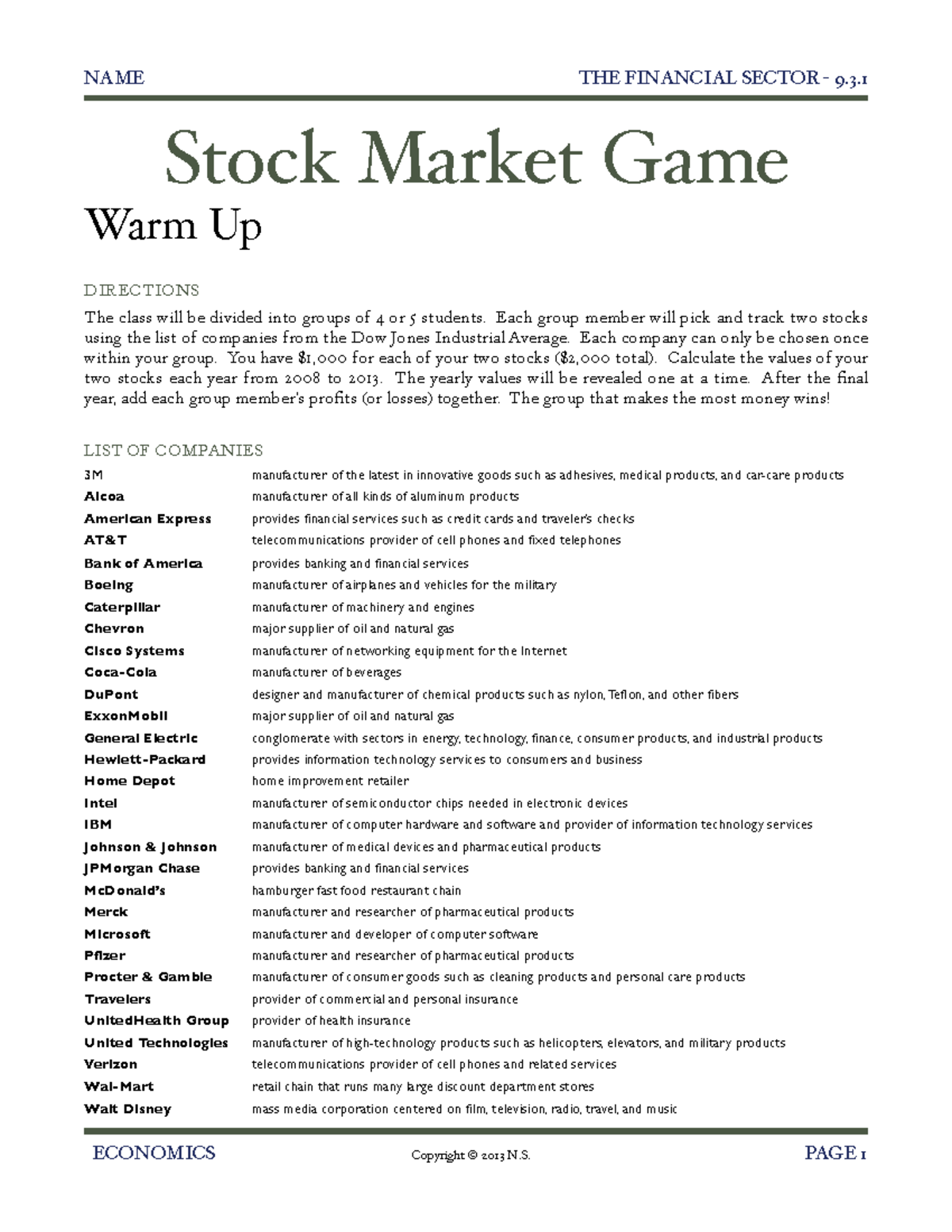 Stock market game - NAME THE FINANCIAL SECTOR - 9. Stock Market Game ...