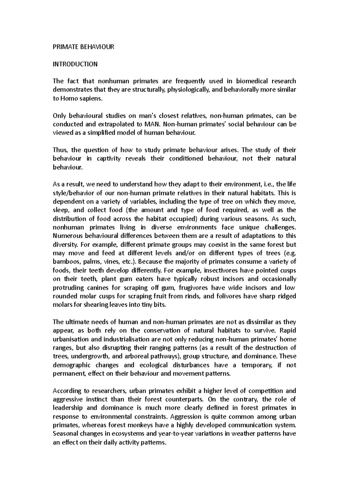 Primate Behaviour - Lecture notes 15 - PRIMATE BEHAVIOUR INTRODUCTION ...