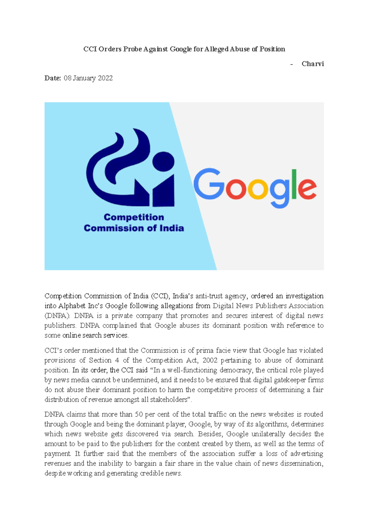 Corporate Law News 08 January 2022 - CCI Orders Probe Against Google for Alleged Abuse of ...