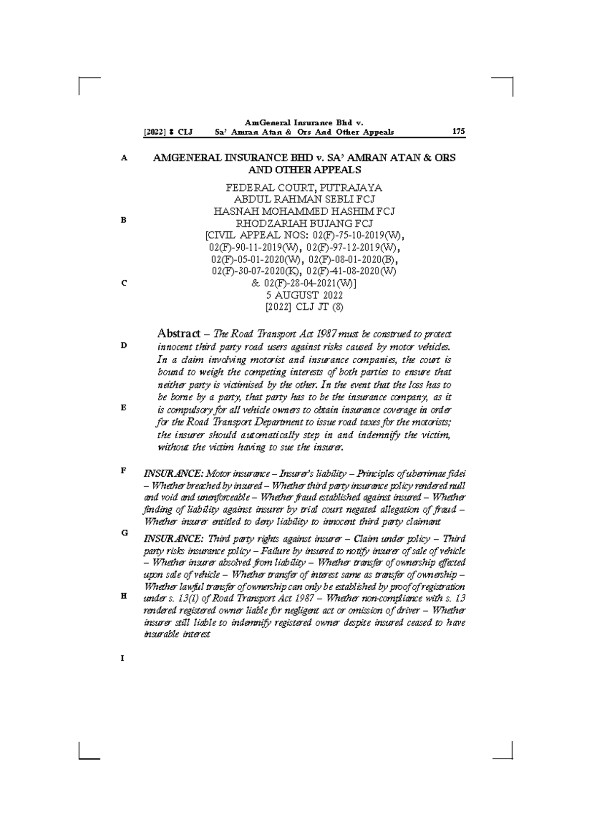 Amgeneral Insurance Bhd v Saamran al atan CLJ 2022 8 175 BC12394 - 175 ...