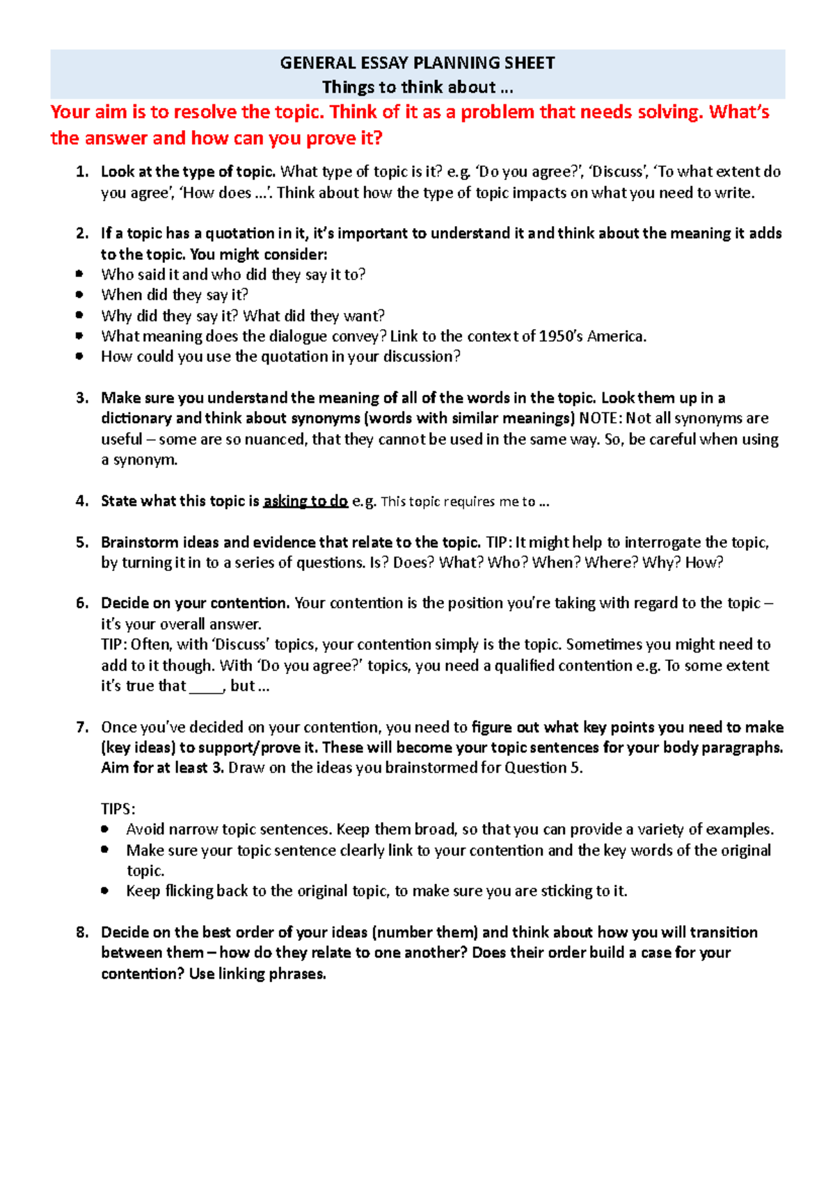 General Essay Planning Sheet - GENERAL ESSAY PLANNING SHEET Things to ...