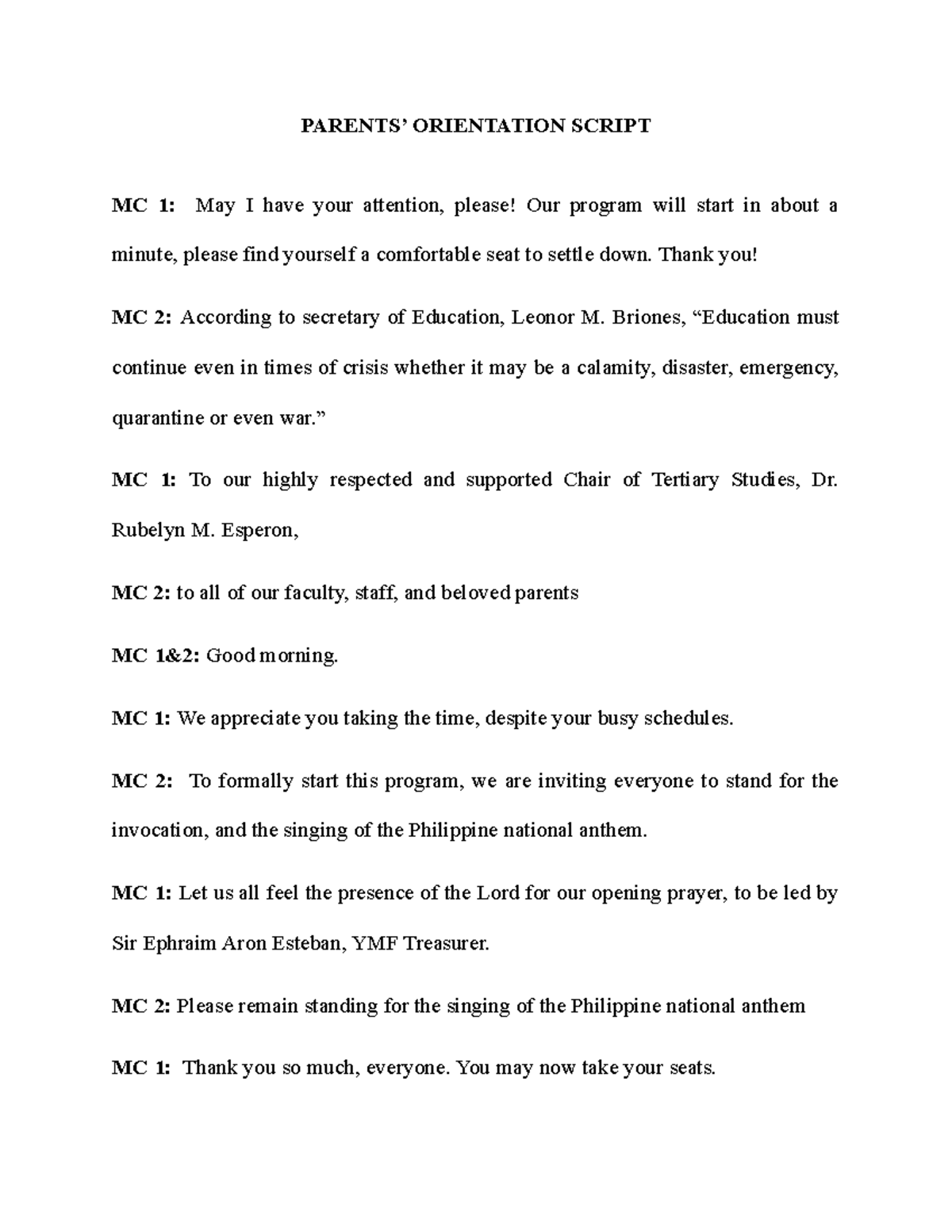 Script - PARENTS’ ORIENTATION SCRIPT MC 1: May I have your attention ...