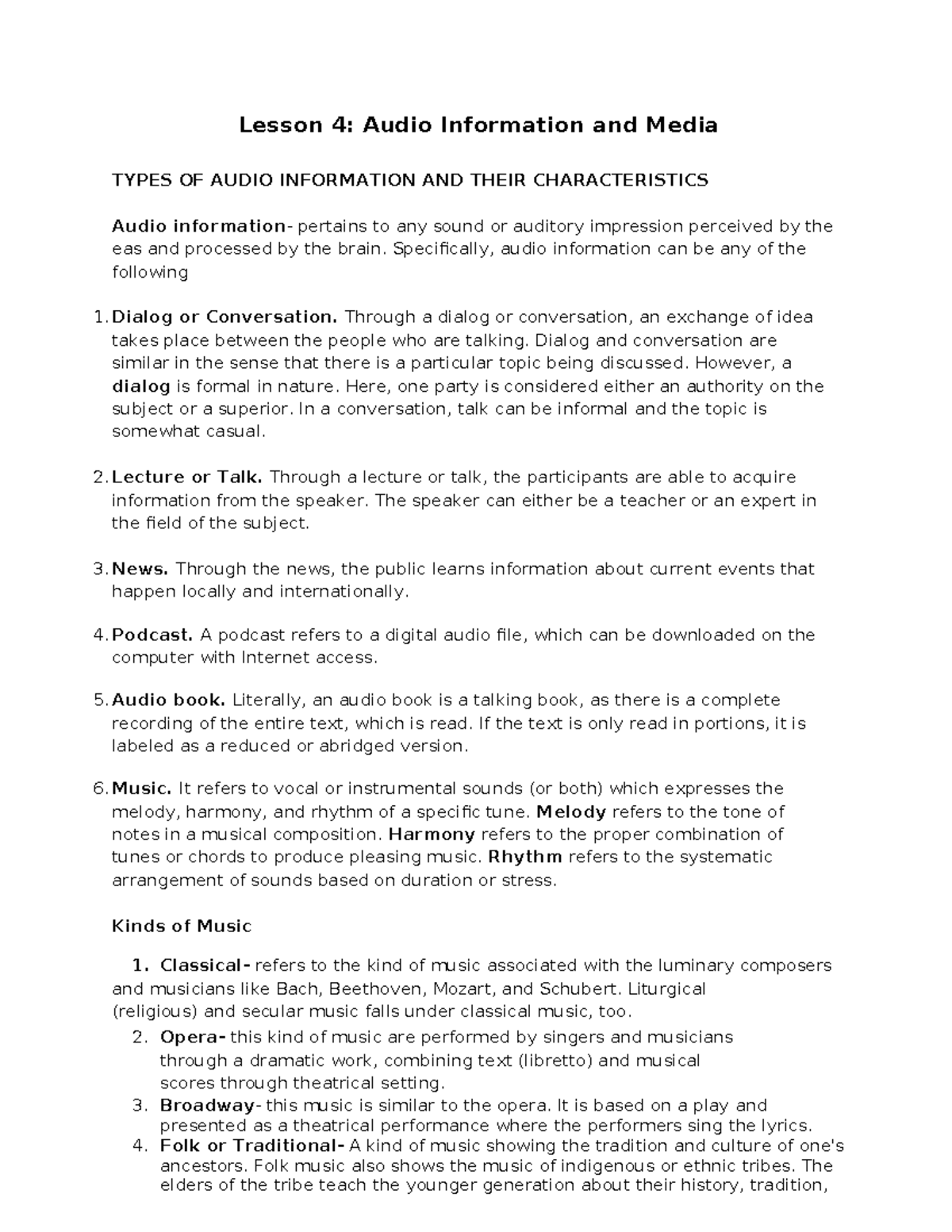 Lesson-4 - Notes - Lesson 4: Audio Information and Media TYPES OF AUDIO ...