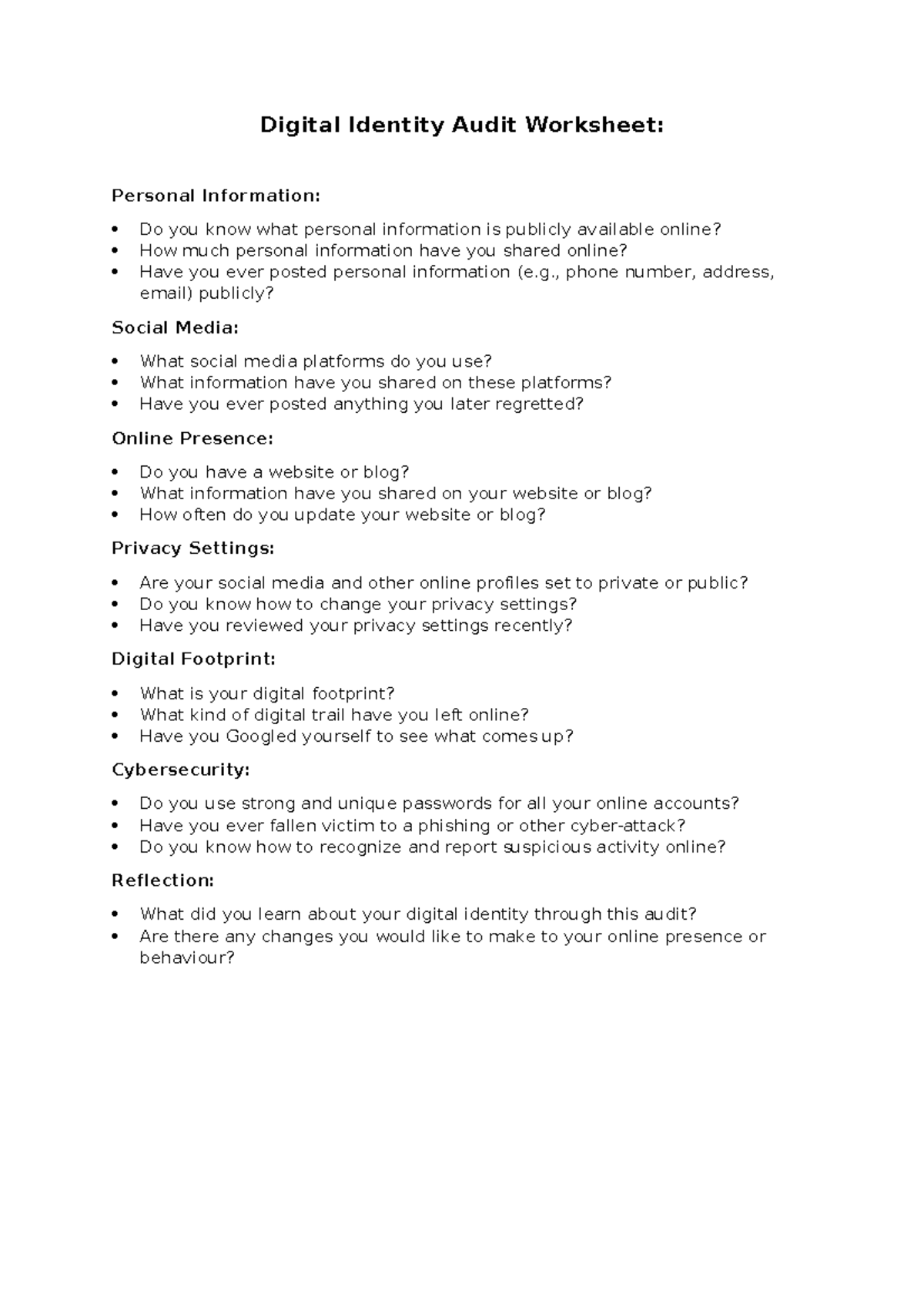 Tutorial 2 - Digital Identity Audit Worksheet - Digital Identity Audit ...