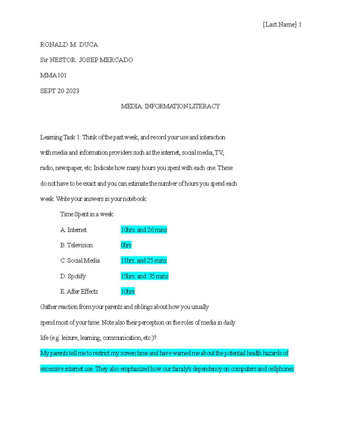 Media and Information Literacy - [Last Name] 1 RONALD M. DUCA Sir ...