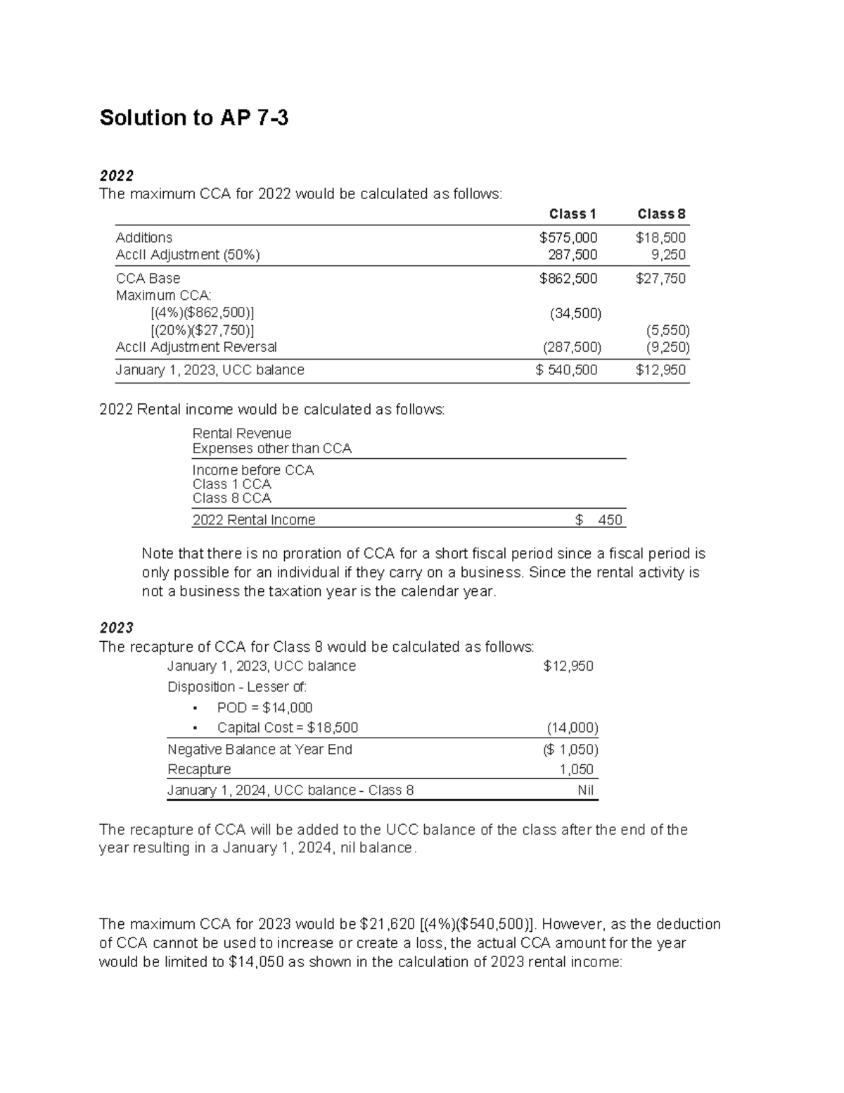 Ch7 Assignment Template - Solution to AP 7- 2022 The maximum CCA for 2022 would be calculated as ...