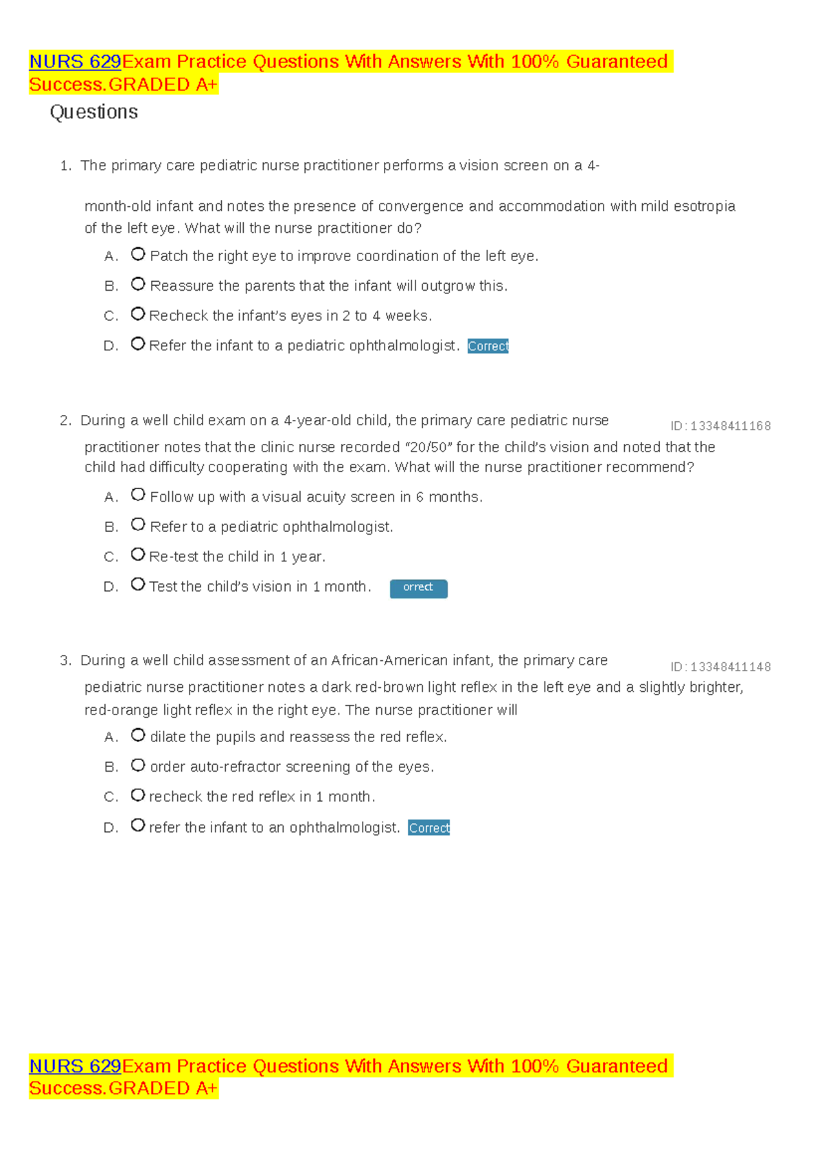 Exam Practice Questions - orrect Success A+ Questions The primary care ...